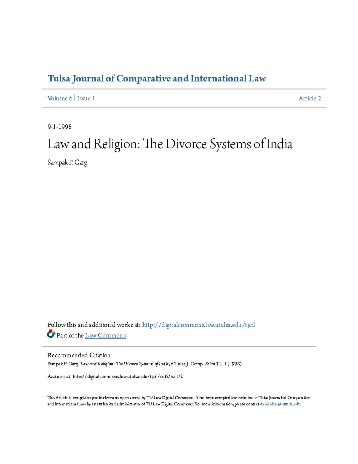 Law and Religion The Divorce Systems of India - Tulsa Journal of ...
