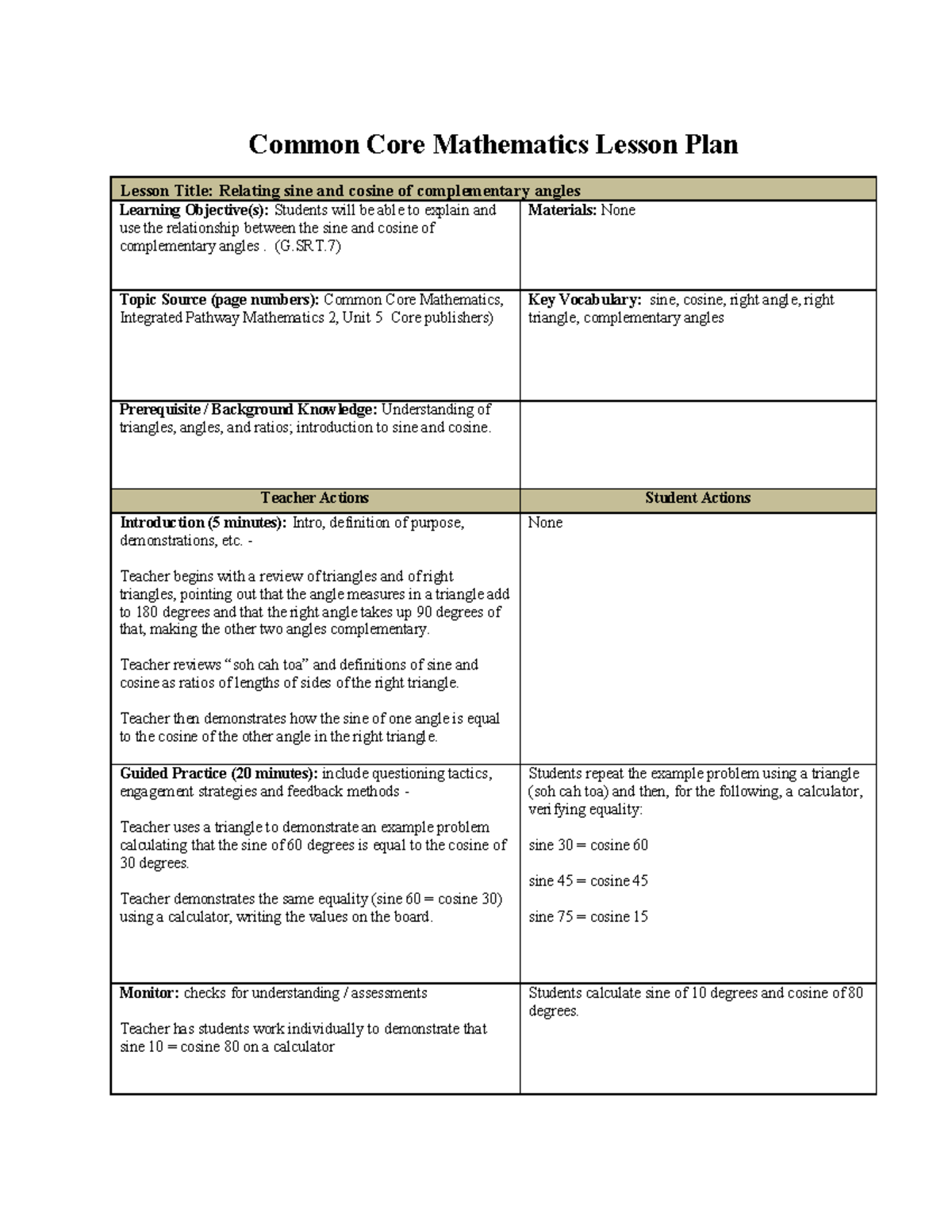 Common Core Mathematics Lesson Plan Sine and Cosine of Complementary ...