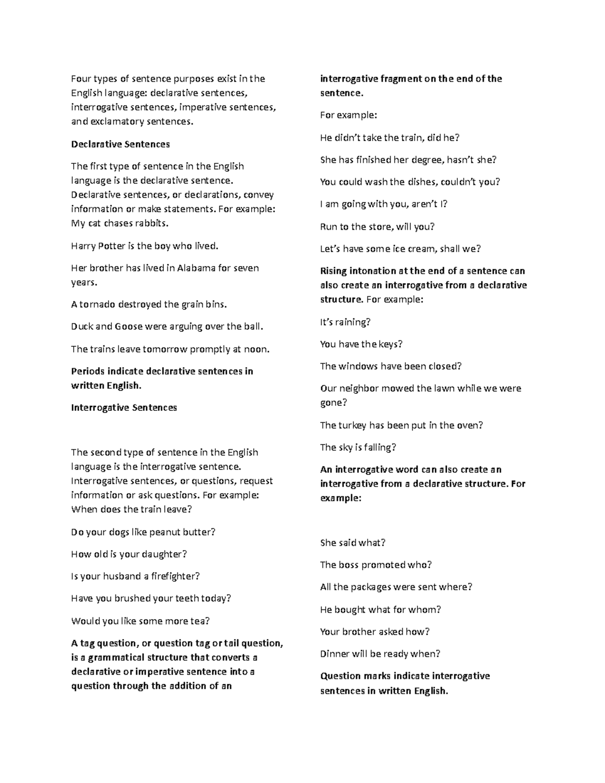 Four types of sentence purposes exist in the English language - Four ...