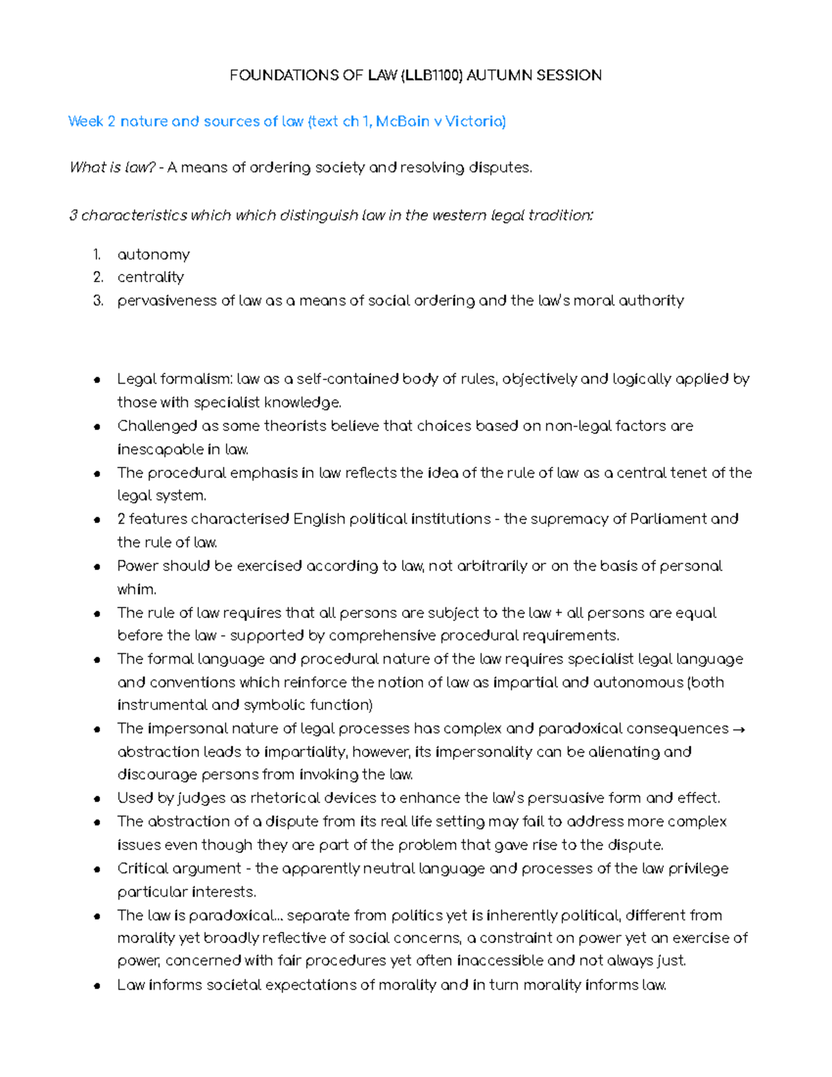 Foundations of law autumn session notes - FOUNDATIONS OF LAW (LLB1100 ...