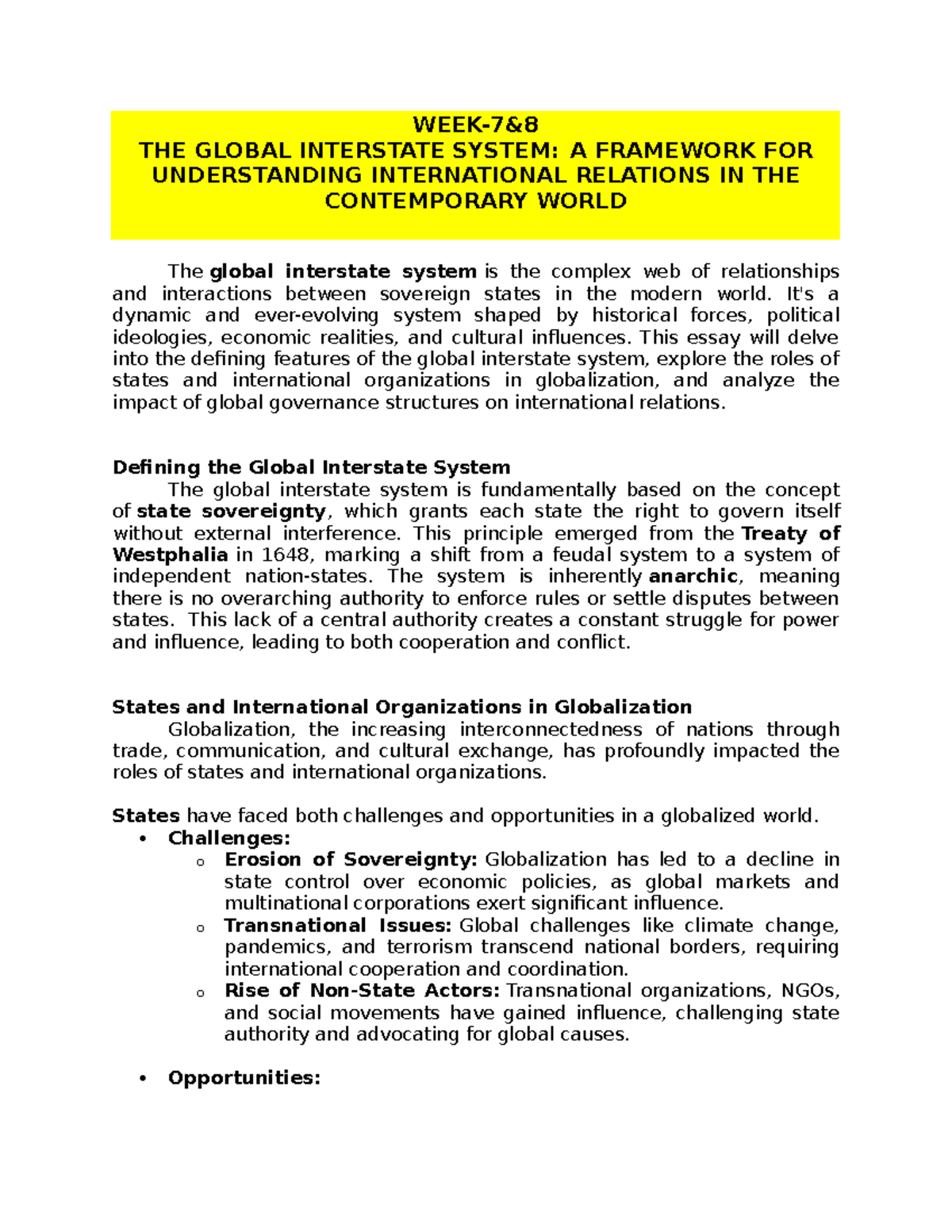 Midterm-Topics- Reporting - WEEK-7& THE GLOBAL INTERSTATE SYSTEM: A ...