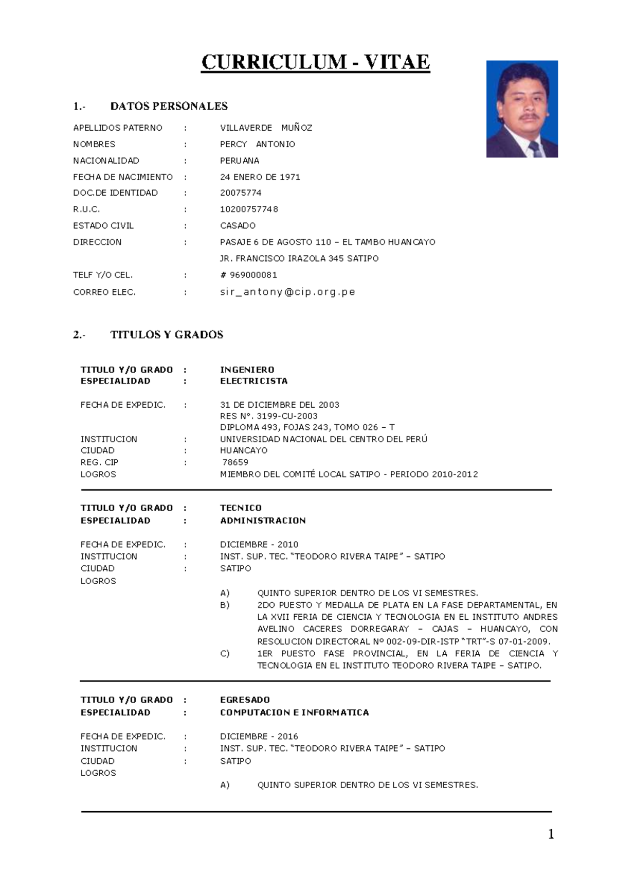 CV villaverde munoz percy antonio - CURRICULUM - VITAE 1.- DATOS ...