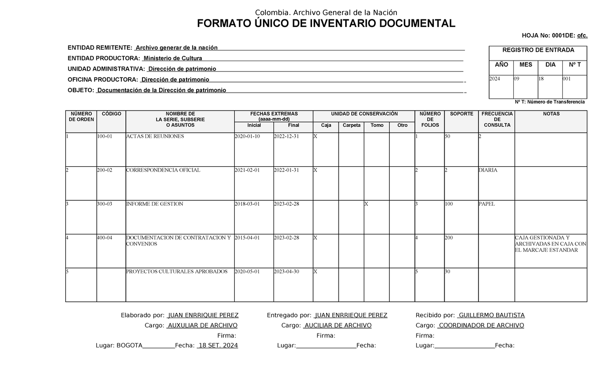 Formato Unico Inventario Documental - Colombia. Archivo General de la Nación FORMATO ÚNICO DE ...