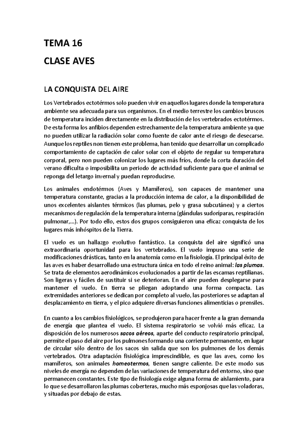 TEMA 16. Clase Aves resumen de texto - TEMA 16 CLASE AVES LA CONQUISTA DEL AIRE Los Vertebrados ...