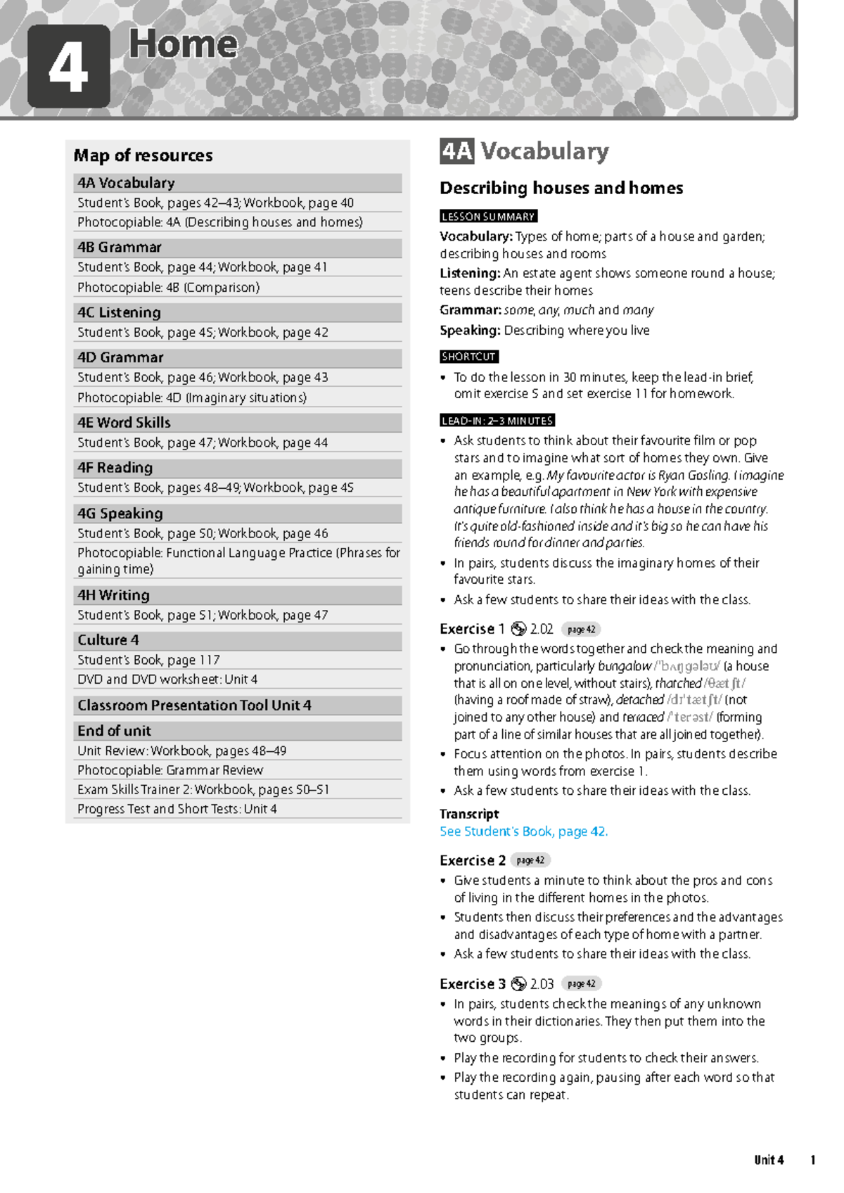 Unit 4 - 4 Home Map of resources 4A Vocabulary Student’s Book, pages 42 ...