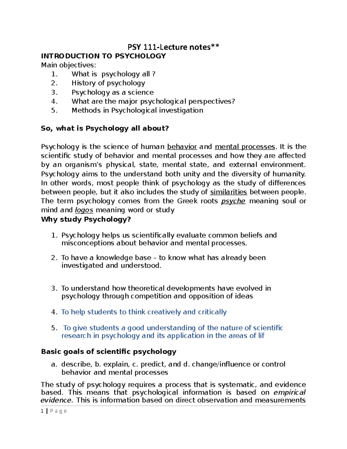 Introduction to Psychology Lecture notes - PSY 111-Lecture notes ...