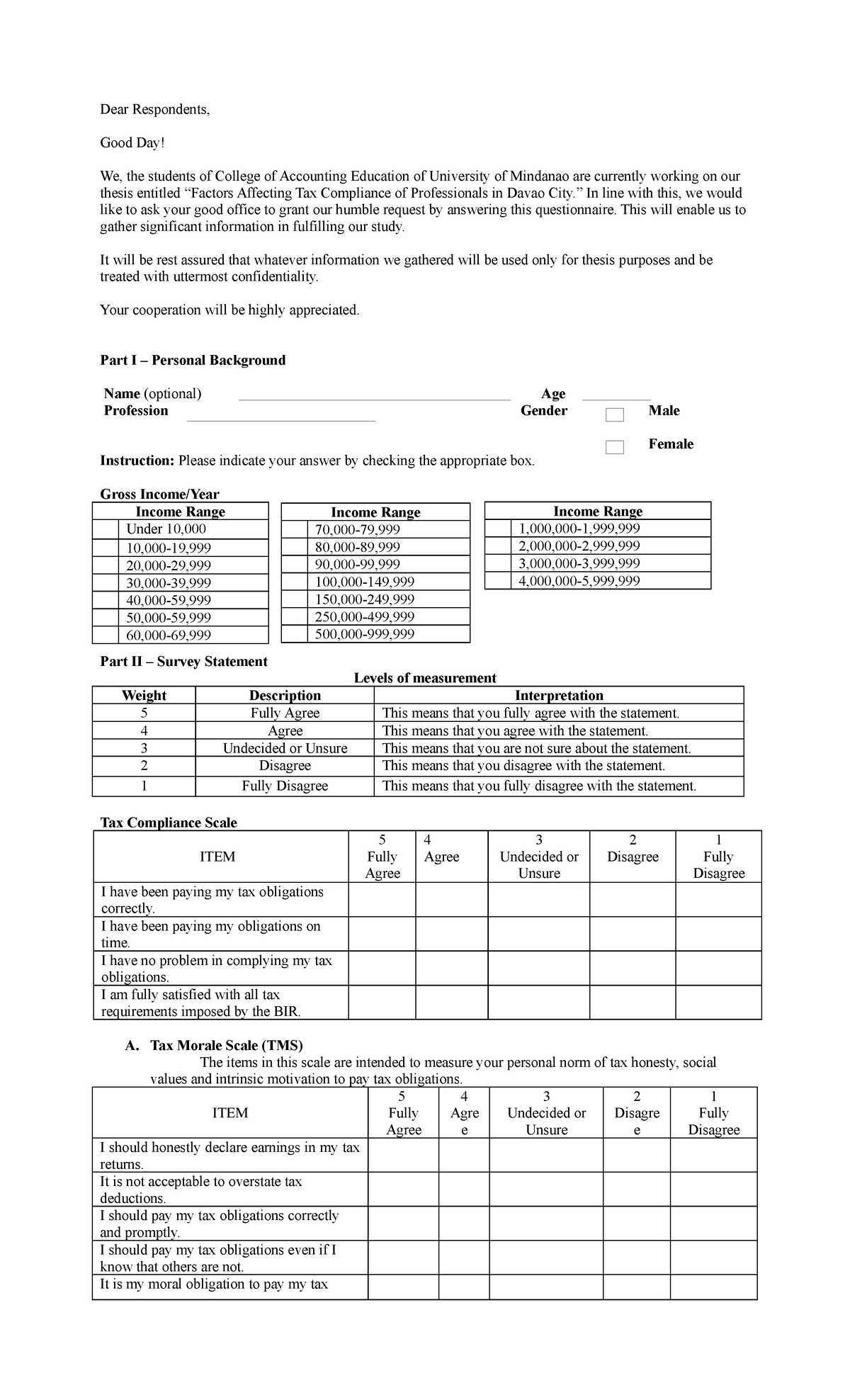 325703485 TAX Compliance Survey Questionnaire 1 docx - Dear Respondents ...
