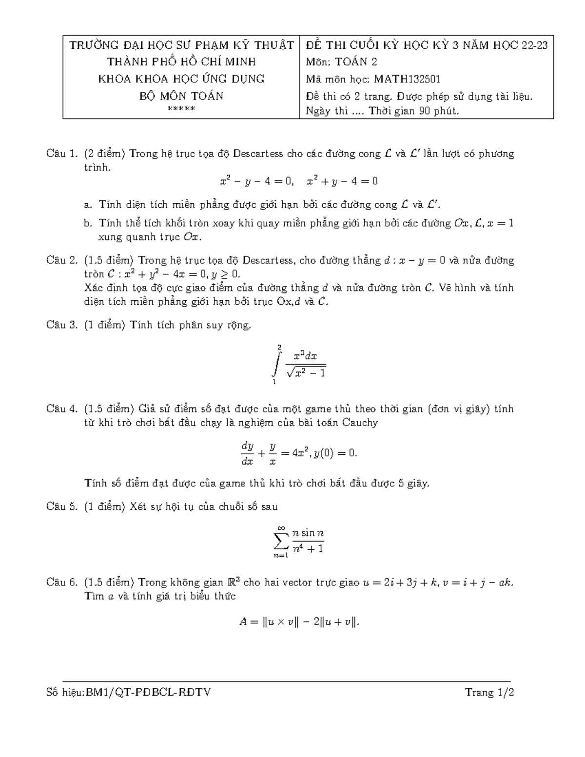 Toan2 dt with ans - cGBgsrbhd - TRƯỜNG ĐẠI HỌC SƯ PHẠM KỸ THUẬT ĐỀ THI CUỐI KỲ HỌC KỲ 3 NĂM HỌC ...