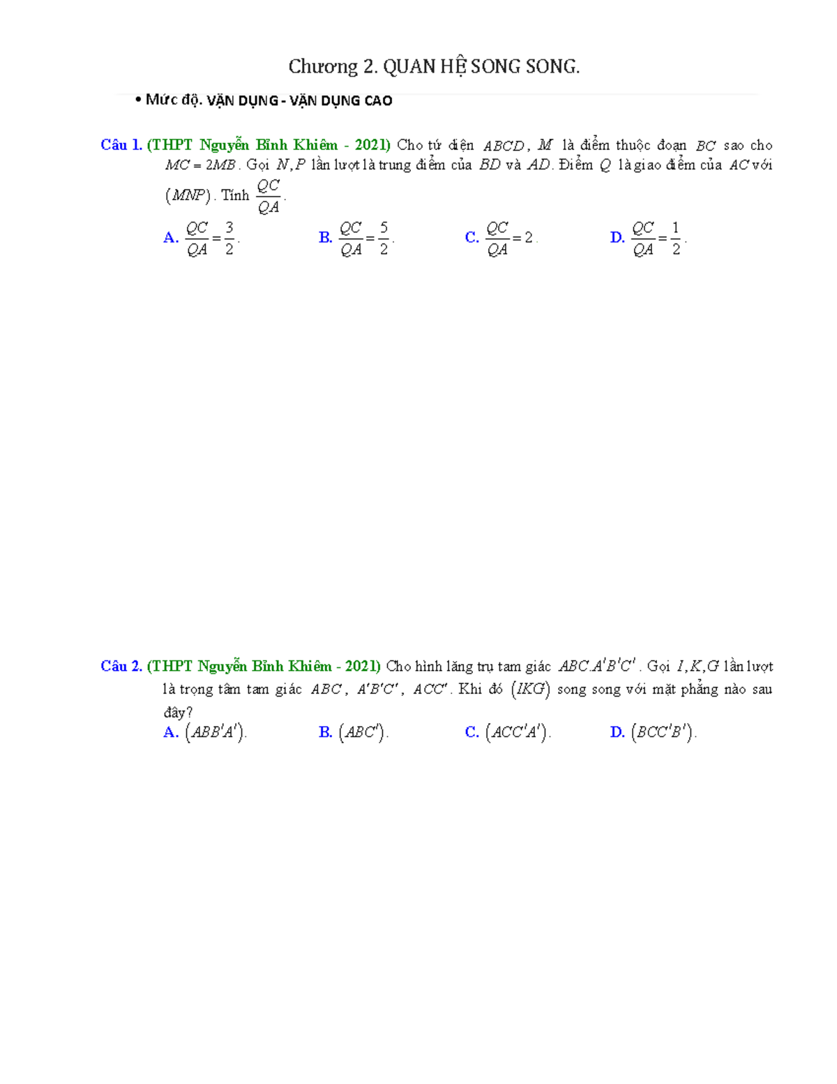 Trắc nghiệm QHSS mức 3-4 - TÀI LIỆU ÔN TẬP CHƯƠNG TOÁN 11 Điện thoại ...