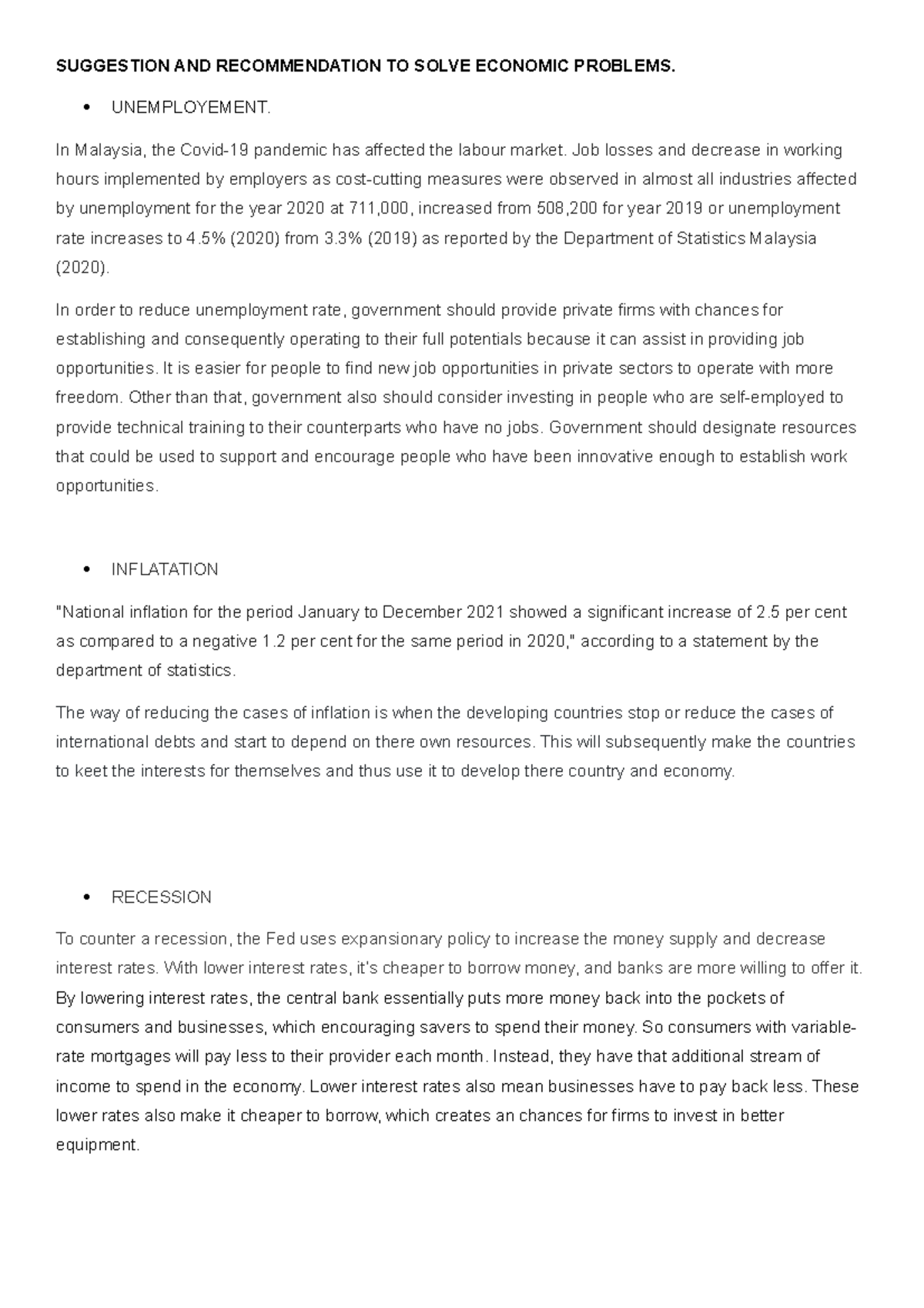 Suggestion AND Recommendation TO Solve Economic Problems - SUGGESTION ...