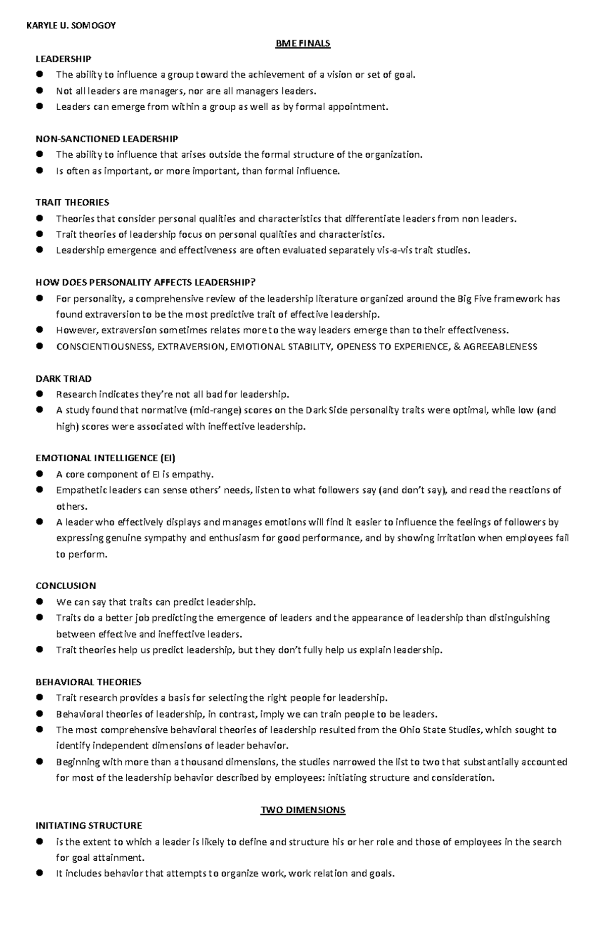 BME Finals DOCX - leemem - BME FINALS LEADERSHIP The ability to influence a group toward the ...