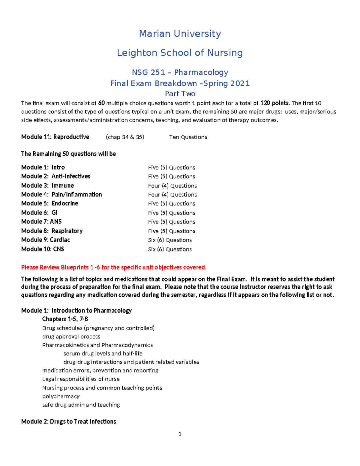 NSG 251 Final Exam Blueprint Part 2 SP21 - Marian University Leighton School of Nursing NSG 251 ...