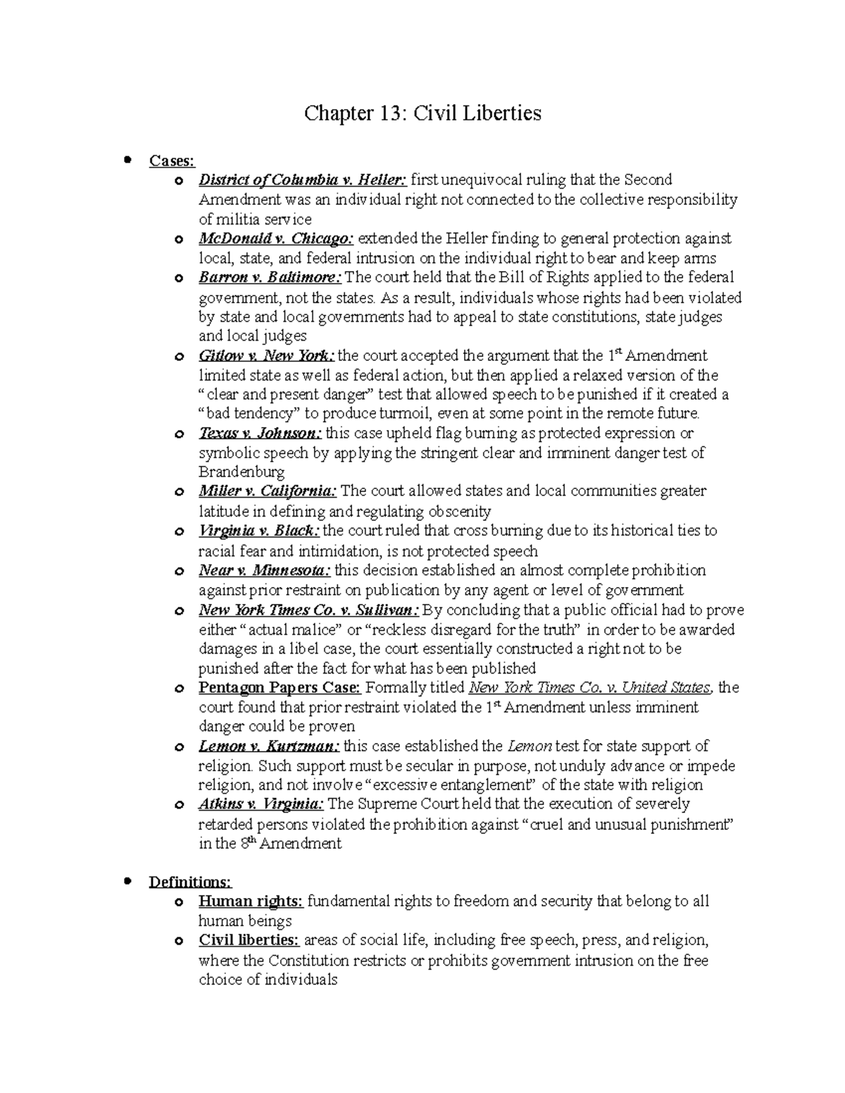 Chapter 13 Notes- Module 4 - Chapter 13: Civil Liberties Cases: o ...