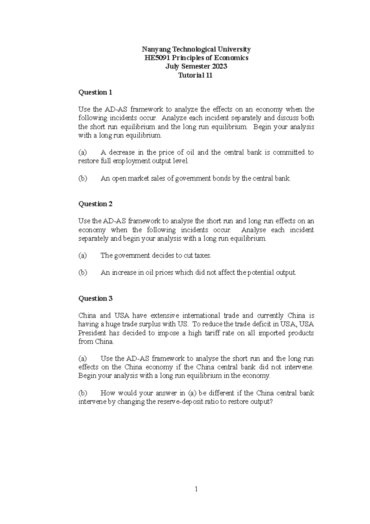 HE5091 Jul 2023 Tutorial 11 - Nanyang Technological University HE5091 ...