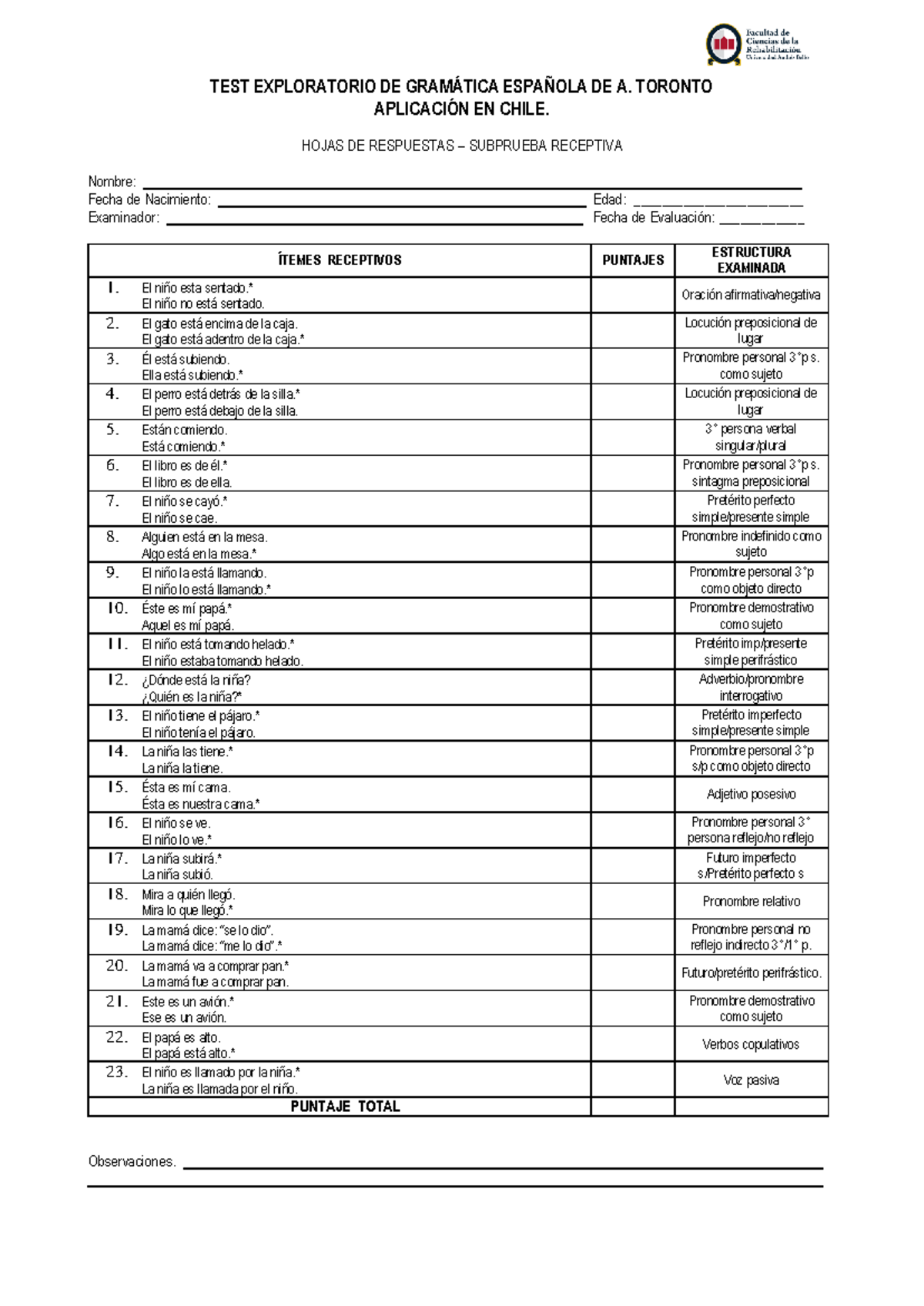 STSG R E Hoja de respuesta - TEST EXPLORATORIO DE GRAMÁTICA ESPAÑOLA DE ...
