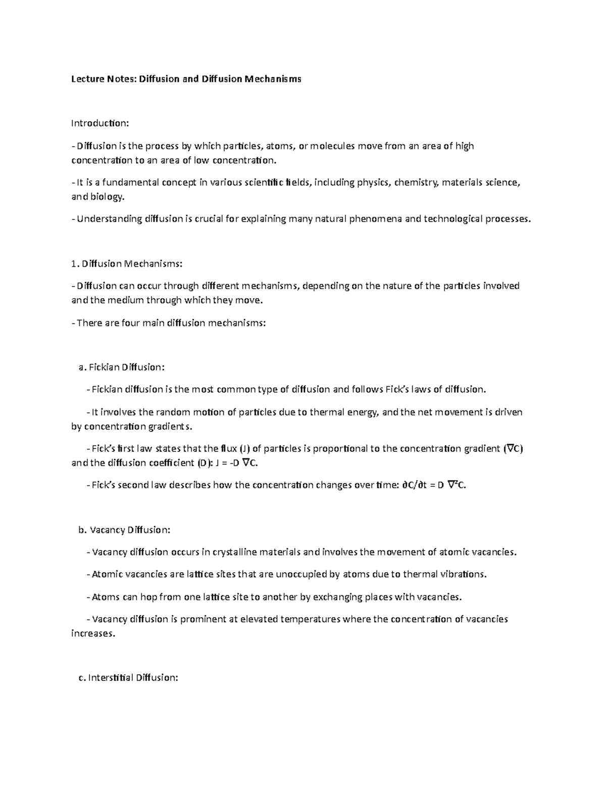 Lecture Notes: Diffusion and Diffusion Mechanisms - Lecture Notes ...