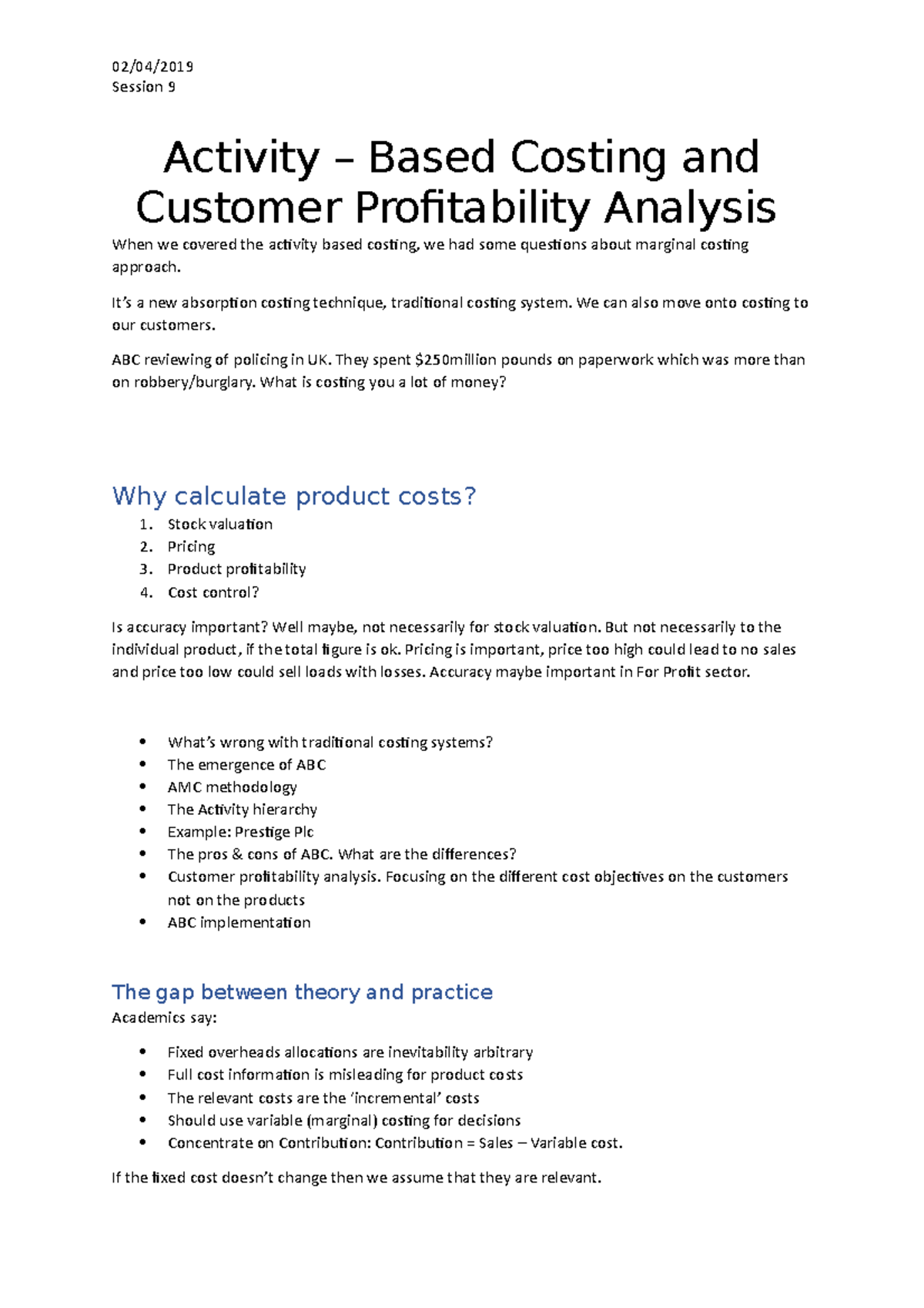 Session 9 Based Costing And Customer Profitability Analysis Session 9
