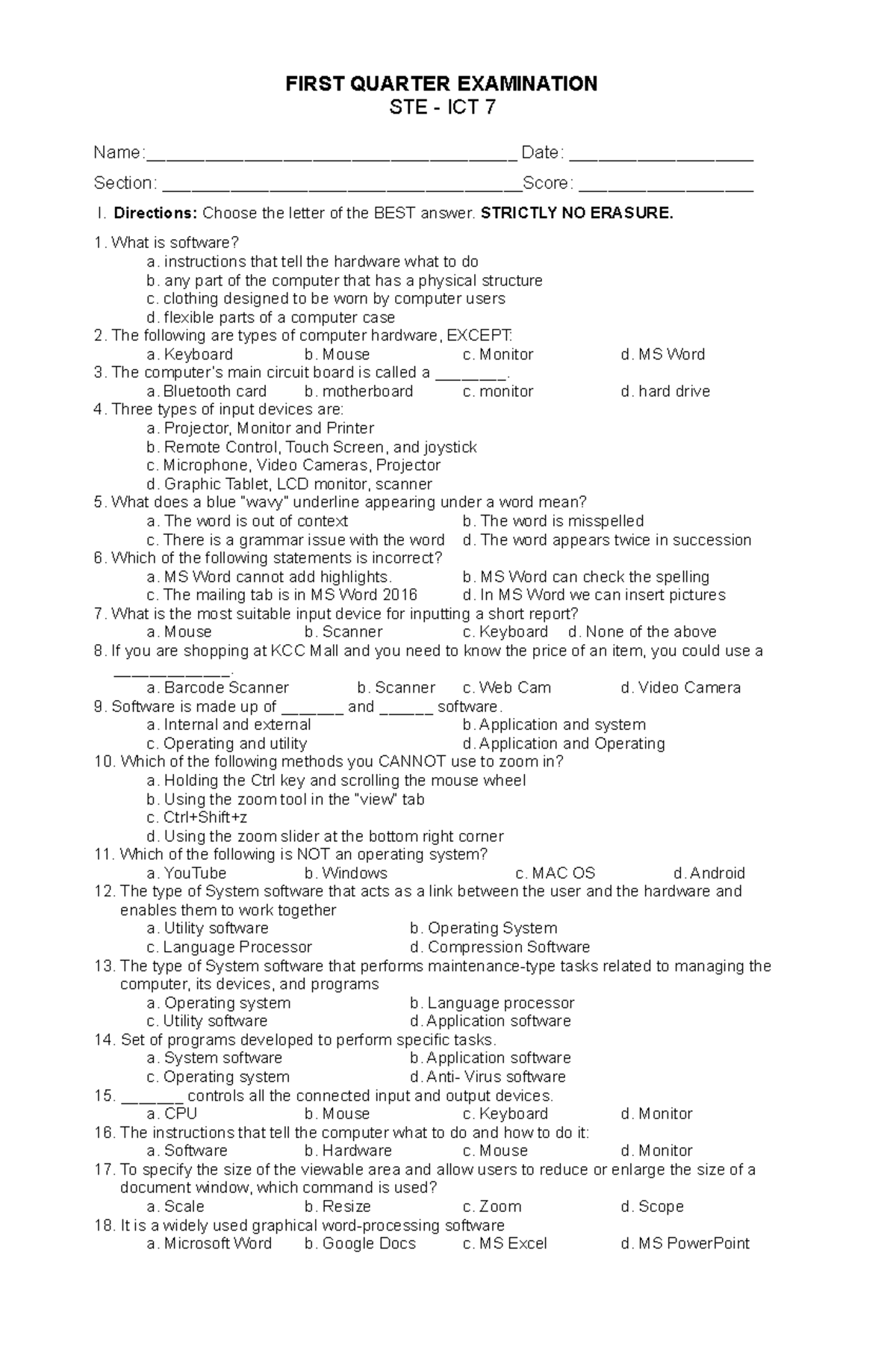 First Quarter EXAM STE7 - FIRST QUARTER EXAMINATION STE - ICT 7 - Studocu