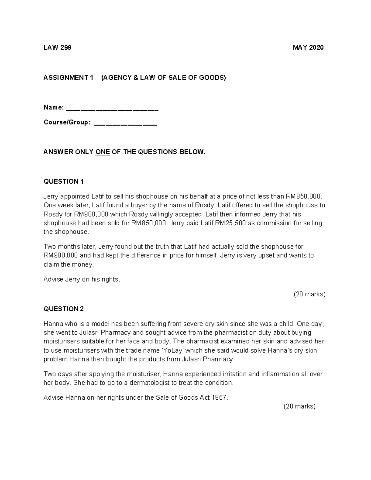 LAW299 Revision Q - LAW 299 MAY 2020 ASSIGNMENT 1 (AGENCY & LAW OF SALE ...