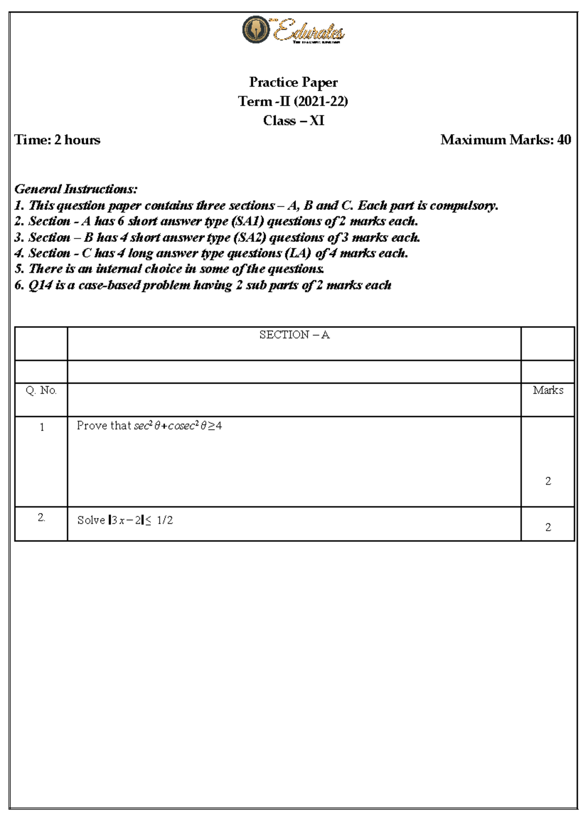CBSE Maths Sample Paper Class 11TH - Practice Paper Term -II (2021-22 ...