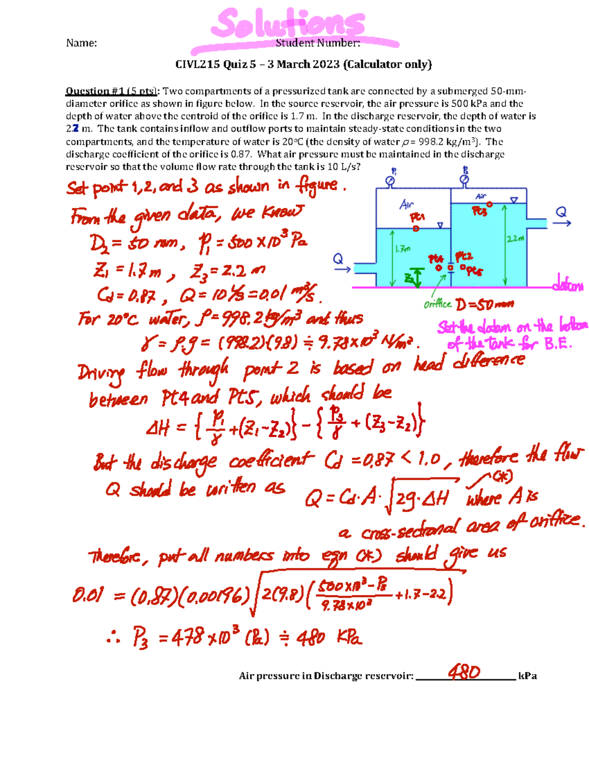CIVL215 Quiz-05 (3 March 2023) Solutions - Name: Student Number ...