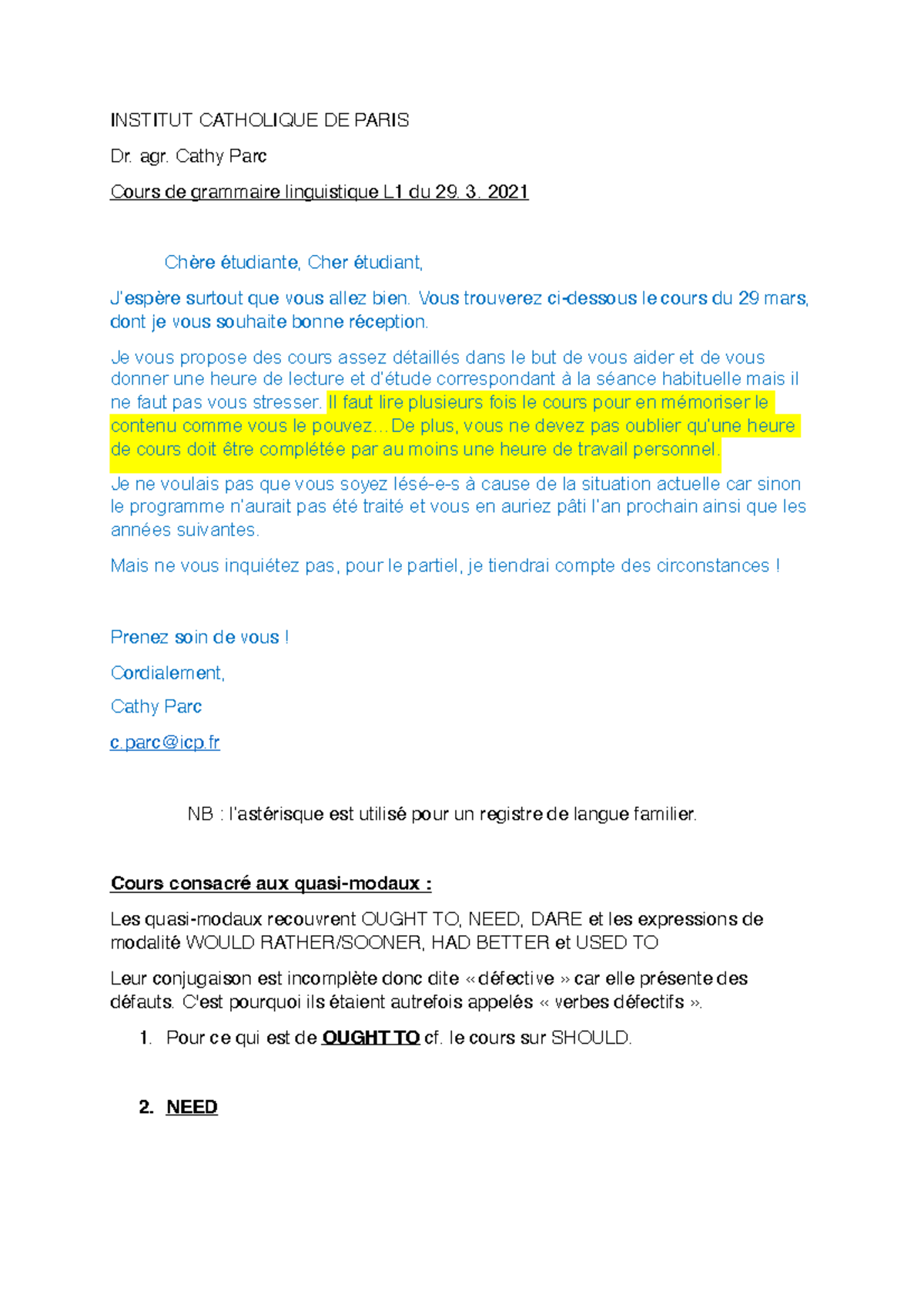 CM 14 + Exercices - Cours de grammaire - INSTITUT CATHOLIQUE DE PARIS ...