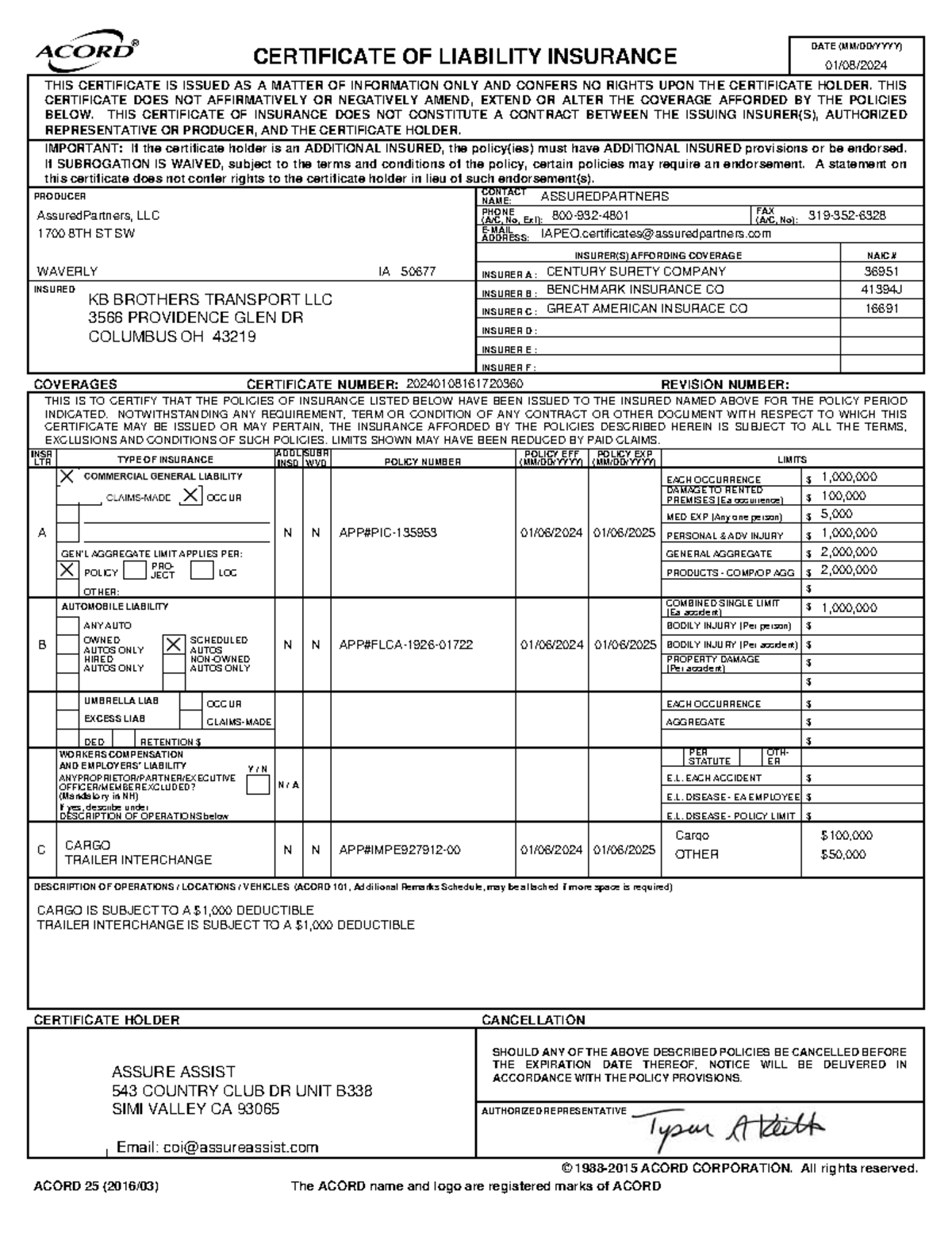 COI - KB Brothers Transport LLC - SHOULD ANY OF THE ABOVE DESCRIBED ...