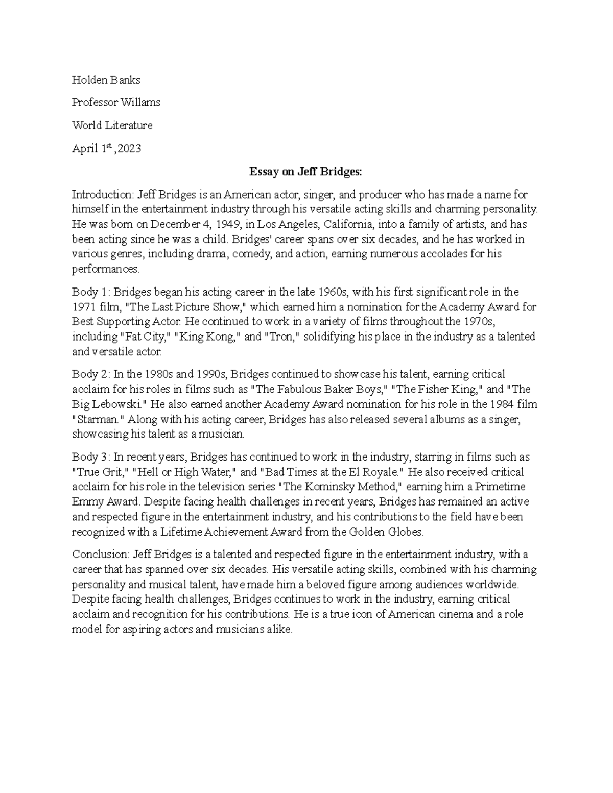 Essay on Jeff Bridges - Holden Banks Professor Willams World Literature ...