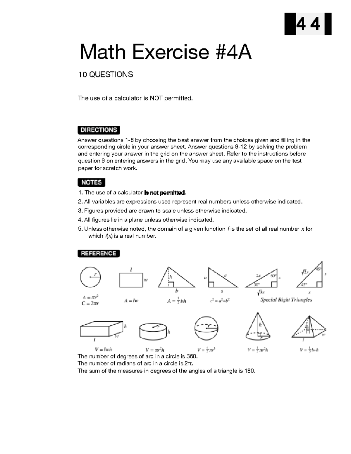 Copy of 2023 SAT Book 3 HW M04 - 4 4 - Math Exercise #4A 10 QUESTIONS The use of a calculator is ...