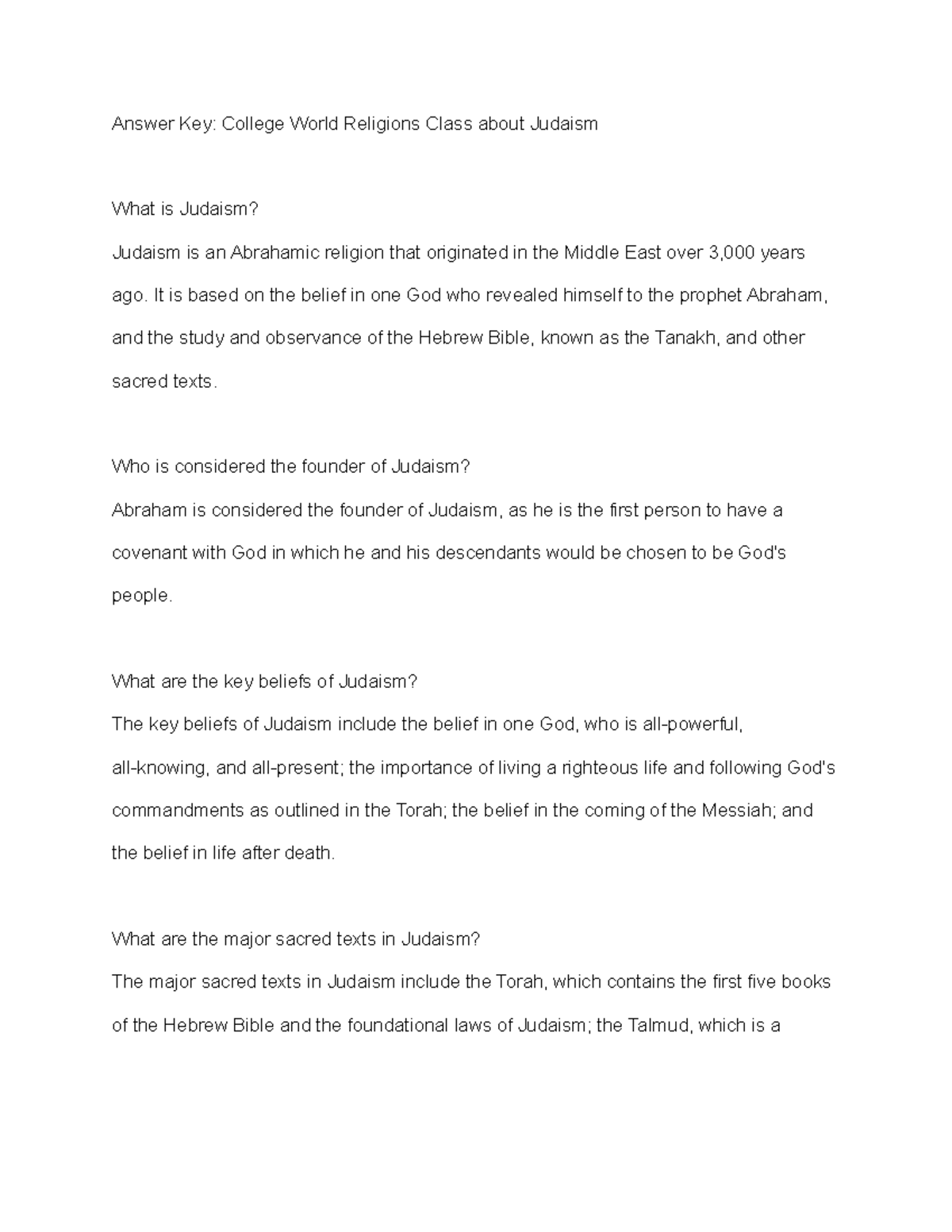 Answer Key College World Religions Class about Judaism - It is based on ...