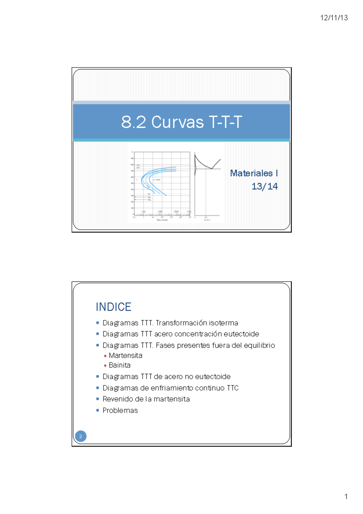 8.2 Curvas TTT - Materiales I 13/ 8 Curvas T-T-T INDICE ! Diagramas TTT. Transformación isoterma ...