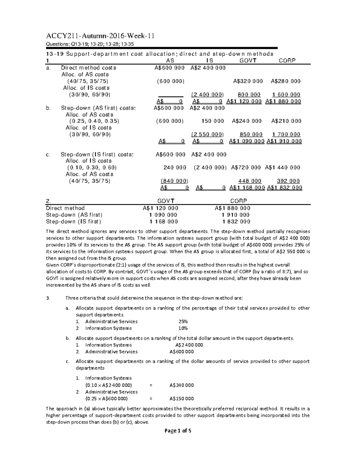 Tutorial Solution Week 11 - ACCY211-Autumn-2016-Week-11 Questions: Q13 ...