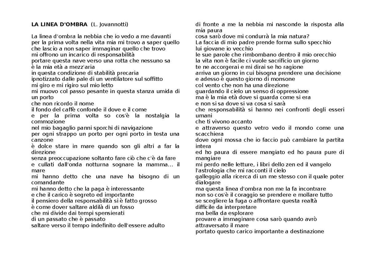 Linea ombra 2 - Fatto bene - LA LINEA D'OMBRA (L. Jovannotti) La linea ...