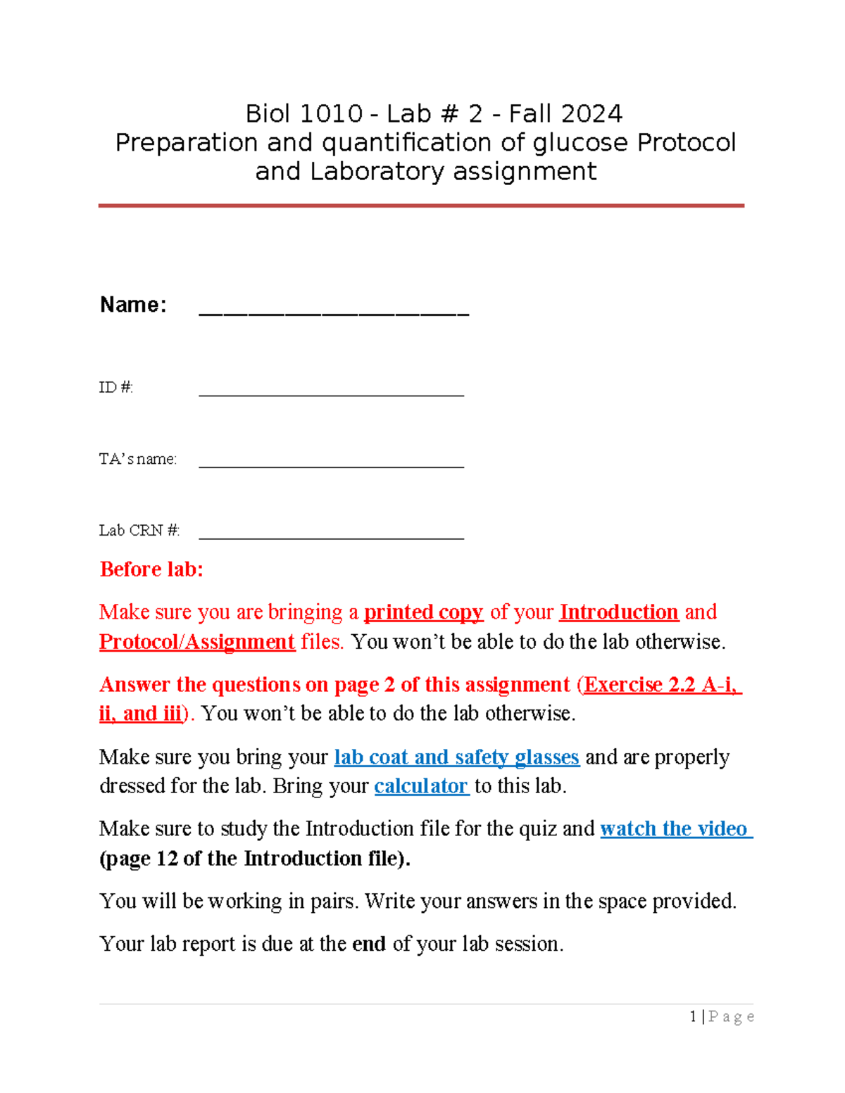 Lab 2 - Protocol and Assignment - F2024 - Biol 1010 - Lab # 2 - Fall 2024 Preparation and - Studocu
