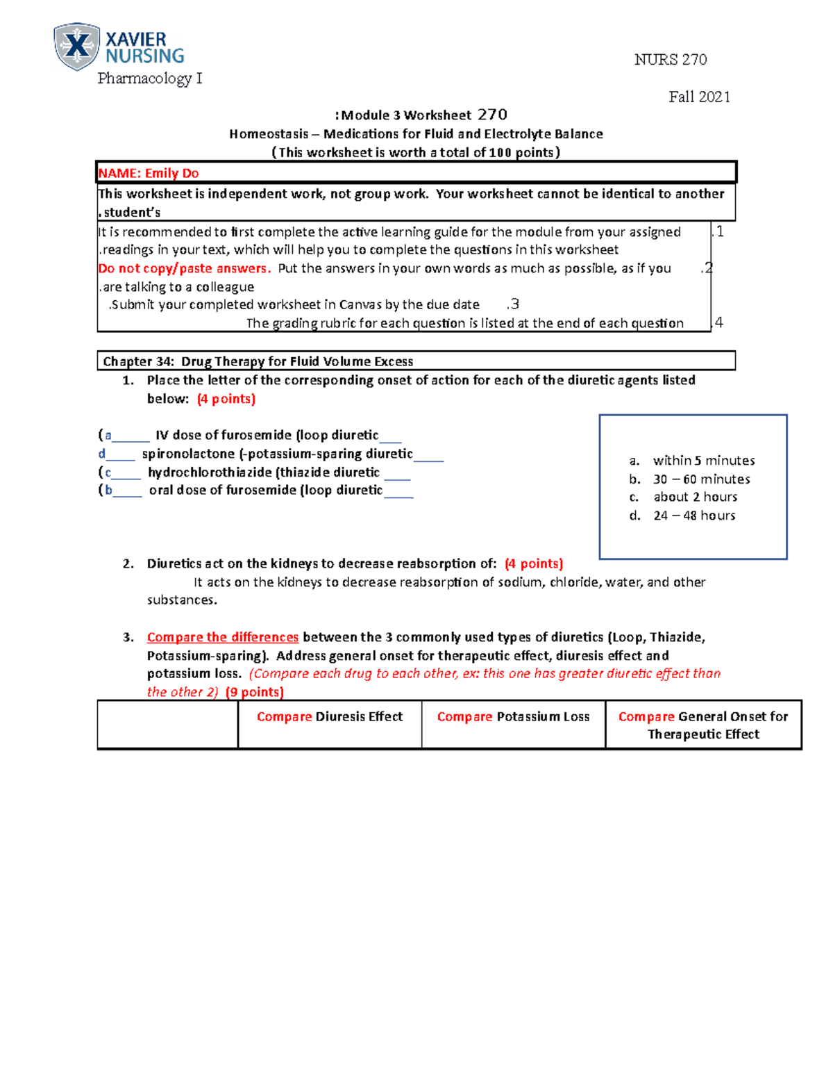 270 Module 3 Student Worksheet - Pharmacology I Fall 2021 :Module 3 ...