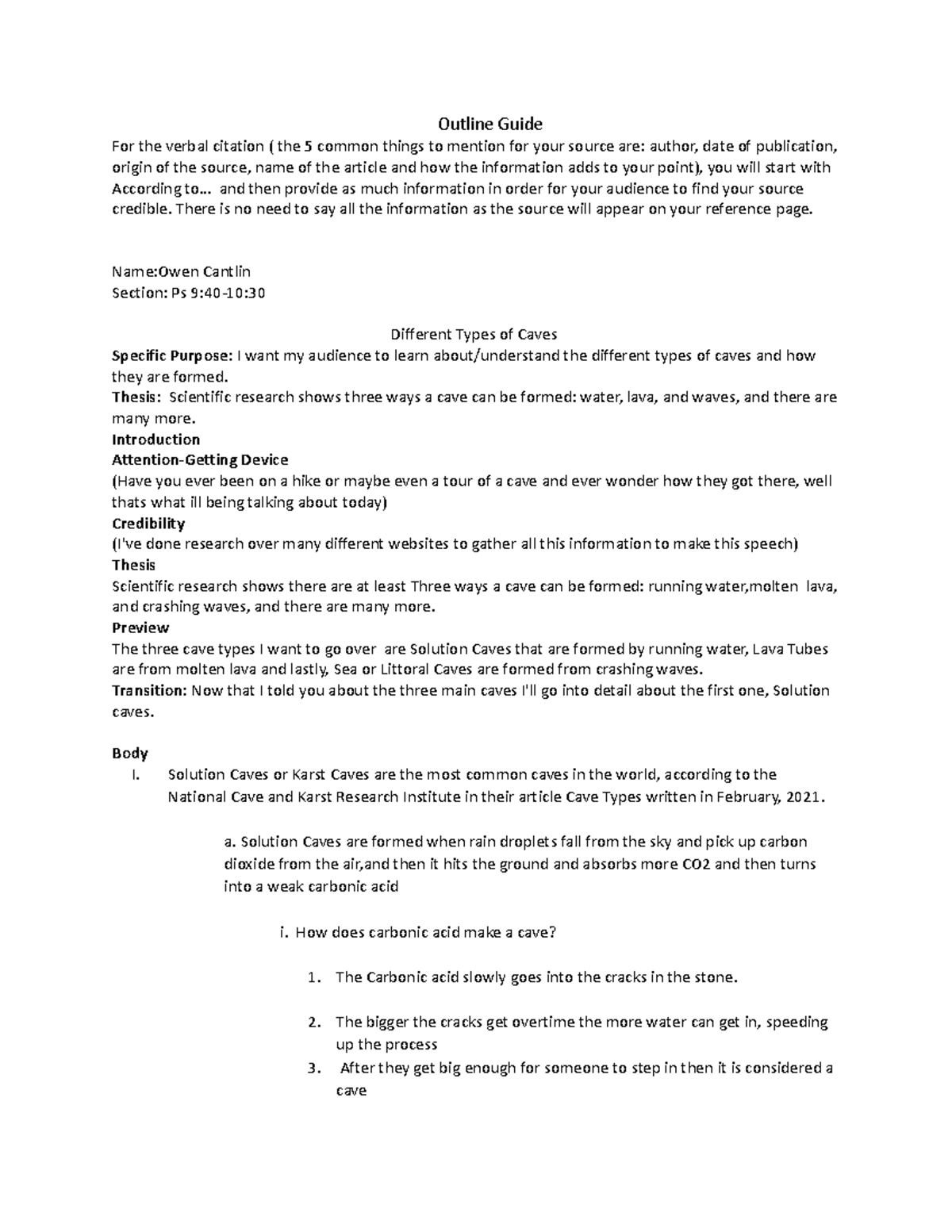 Informative Speech Outline Guide UA - Outline Guide For the verbal ...