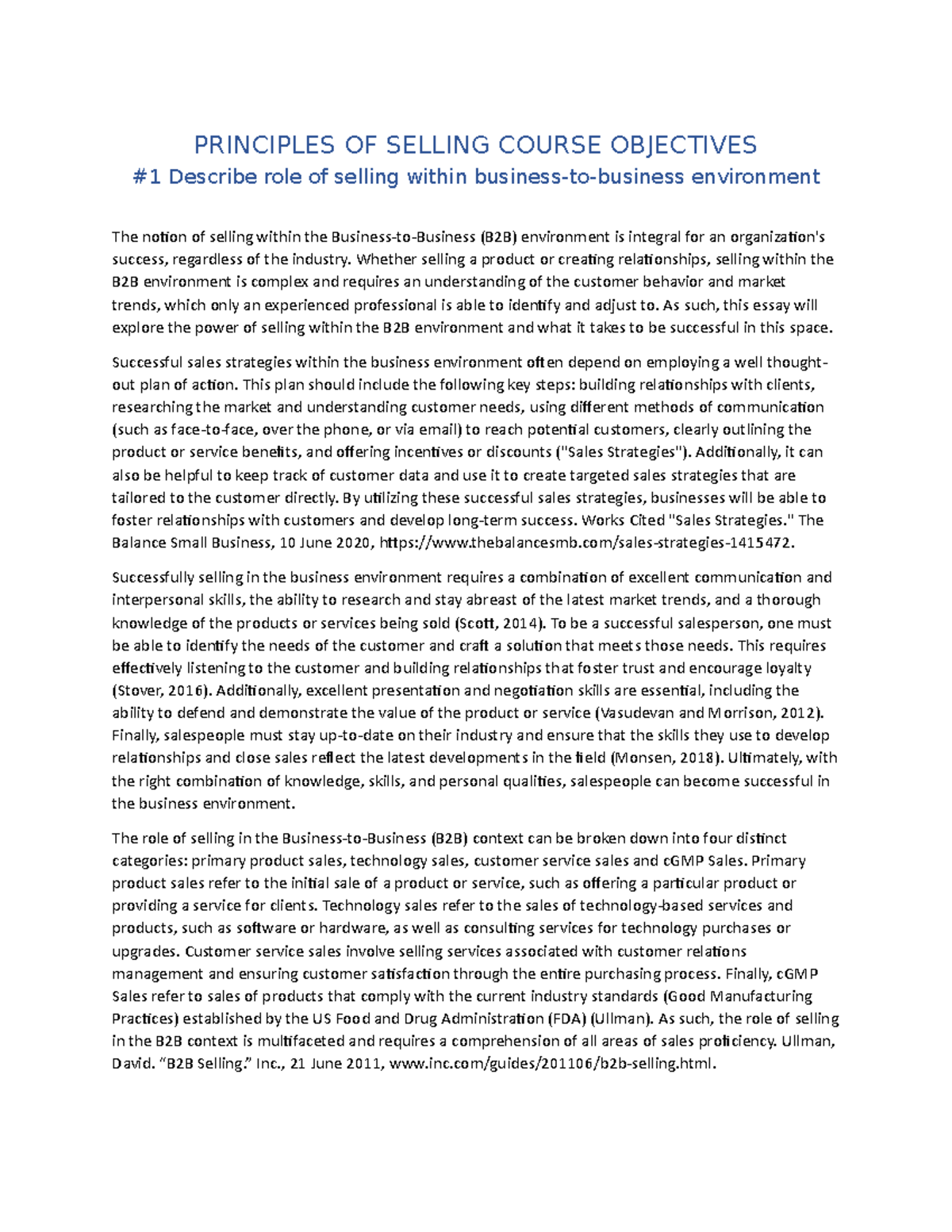 Principle OF Selling Lecture Notes - Objective 1 - PRINCIPLES OF ...