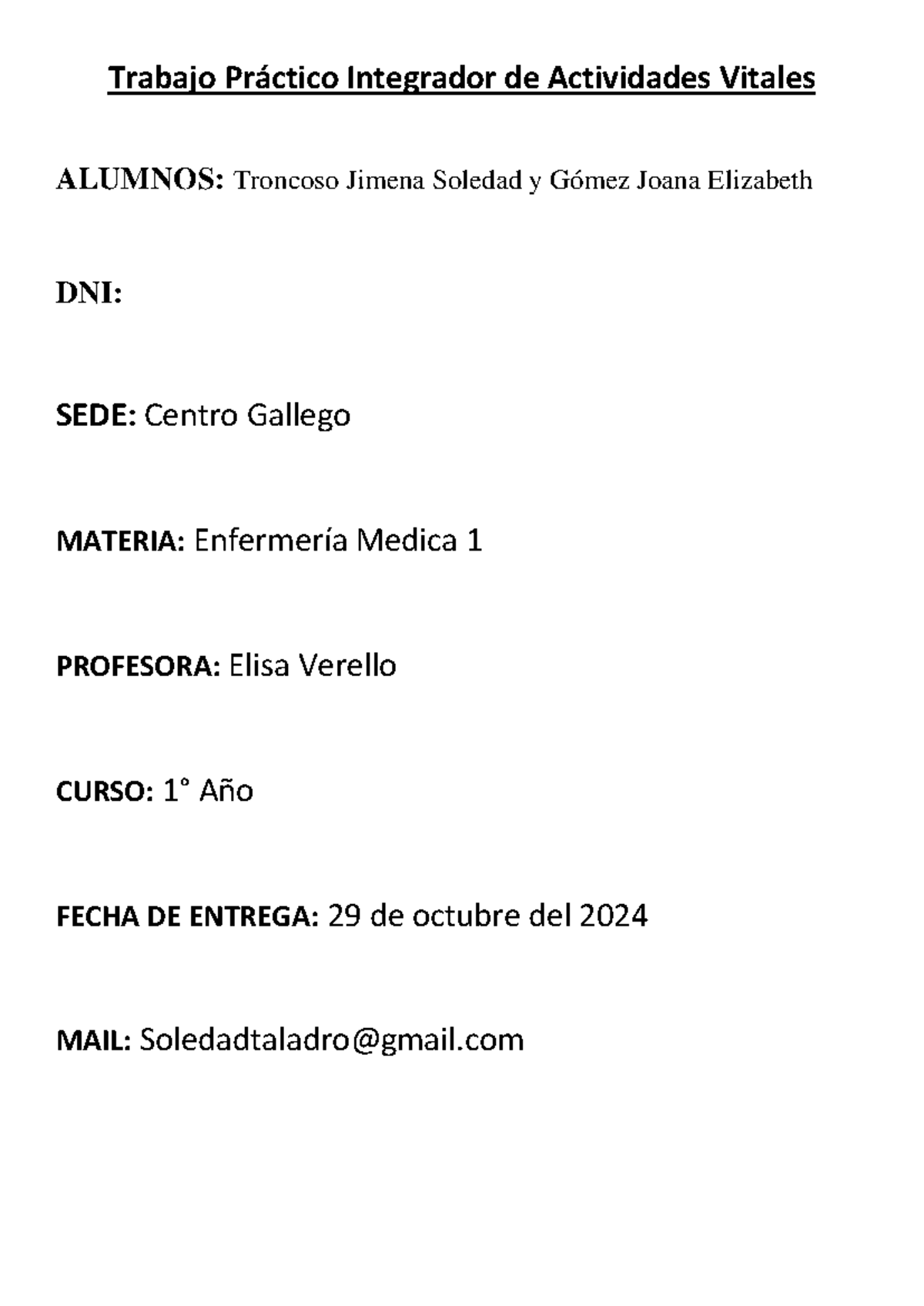 TP. Integrador - trabajo practico de las actividades vitales - Trabajo Práctico Integrador de ...