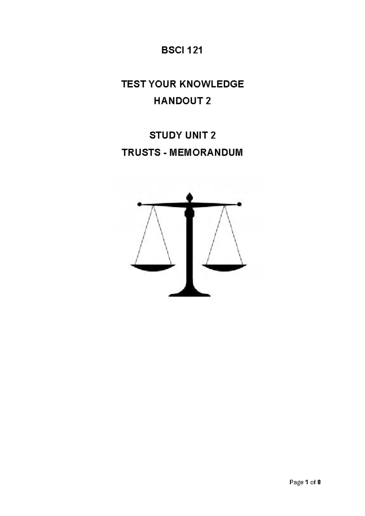 Class Work BSCI 121 Handout 2 Memorandum - BSCI 121 TEST YOUR KNOWLEDGE ...