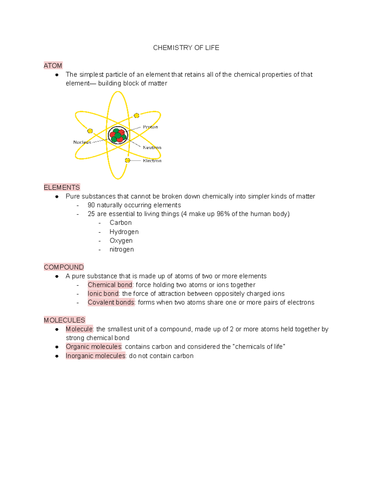 Chemistry OF LIFE - CHEMISTRY OF LIFE ATOM The simplest particle of an ...