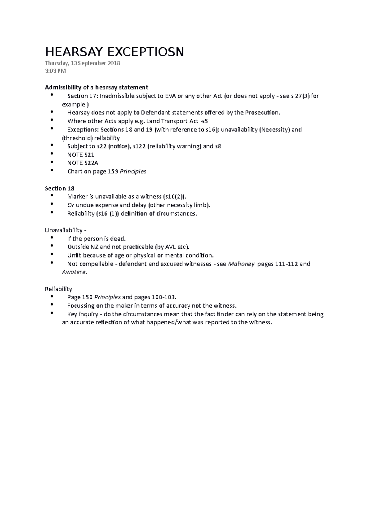 Hearsay Exceptions - HEARSAY EXCEPTIOSN Thursday, 13 September 2018 3: ...