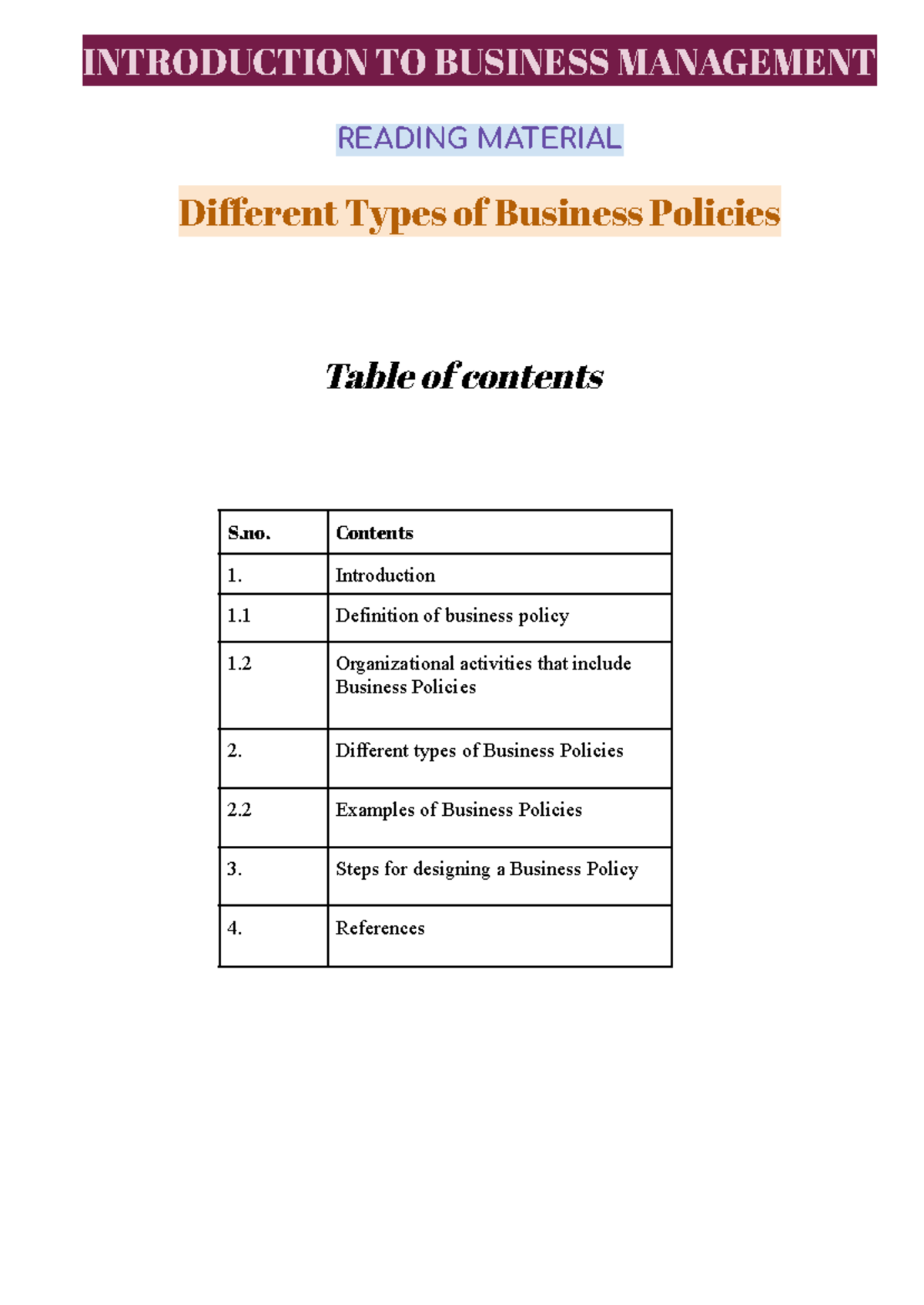 Types of policies - it has topics - INTRODUCTION TO BUSINESS MANAGEMENT ...