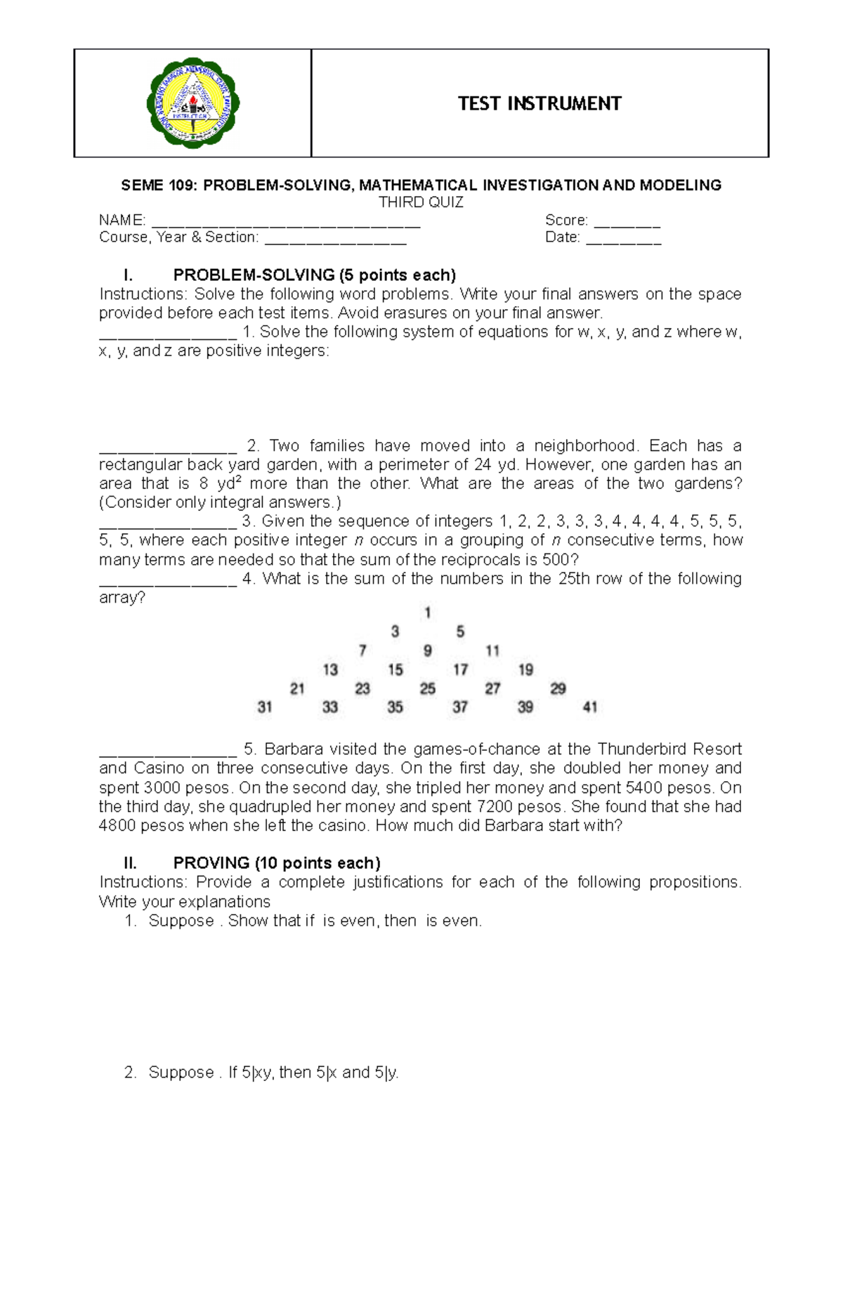 Third QUIZ IN Problem- Solving - TEST INSTRUMENT SEME 109: PROBLEM ...