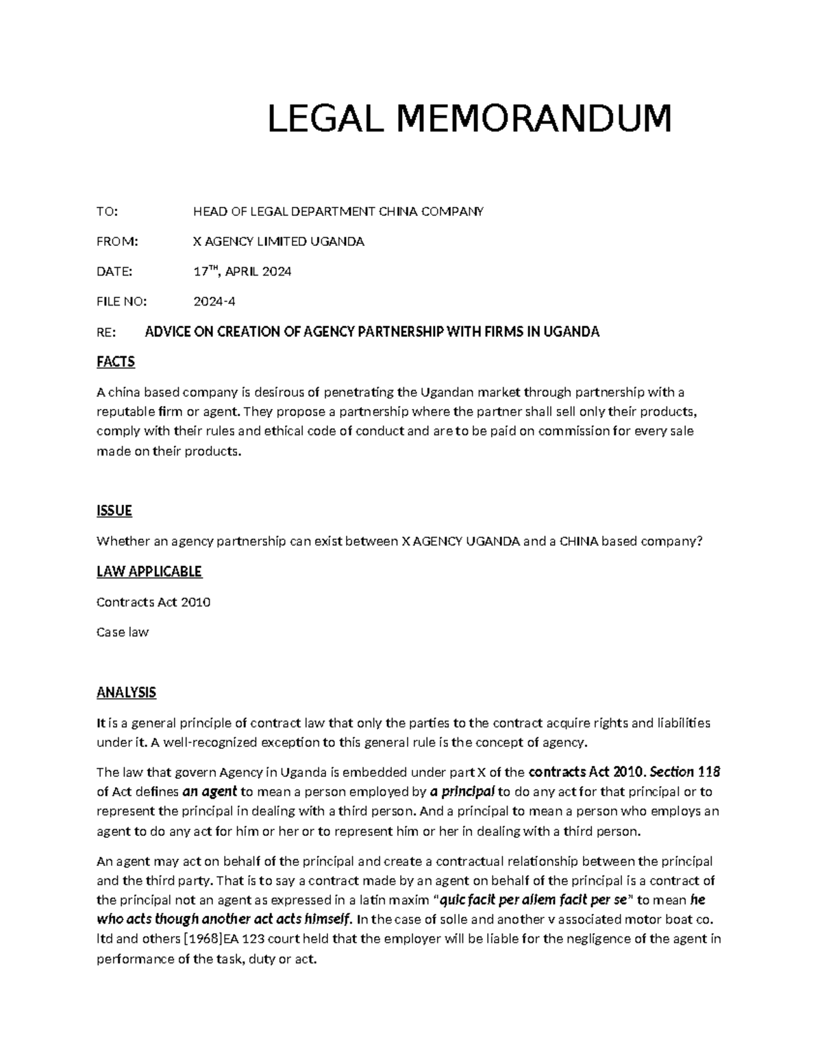 Legal memorandum contract law - LEGAL MEMORANDUM TO: HEAD OF LEGAL ...