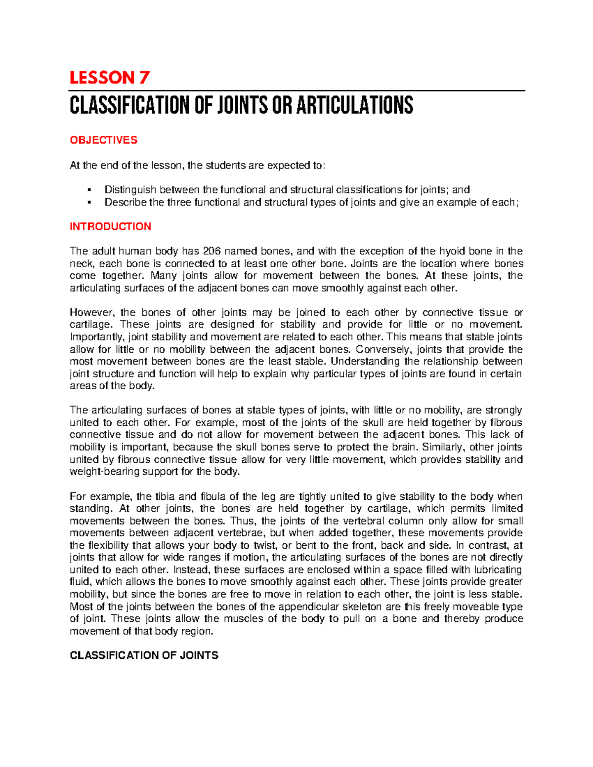 Lesson 7 - Classification of Joints and Articulations - OBJECTIVES At ...