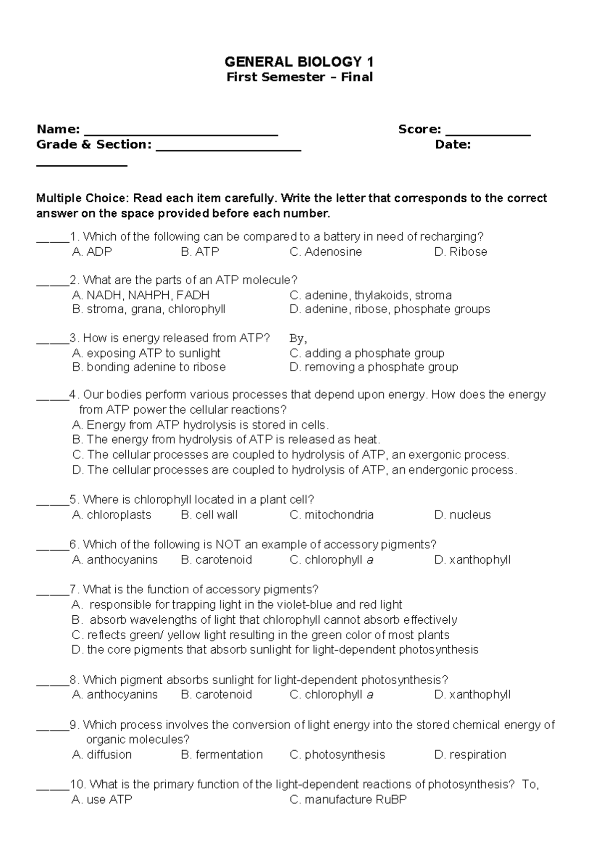 Final Quarter-2 Assessment-G11-General-Biology - GENERAL BIOLOGY 1 ...