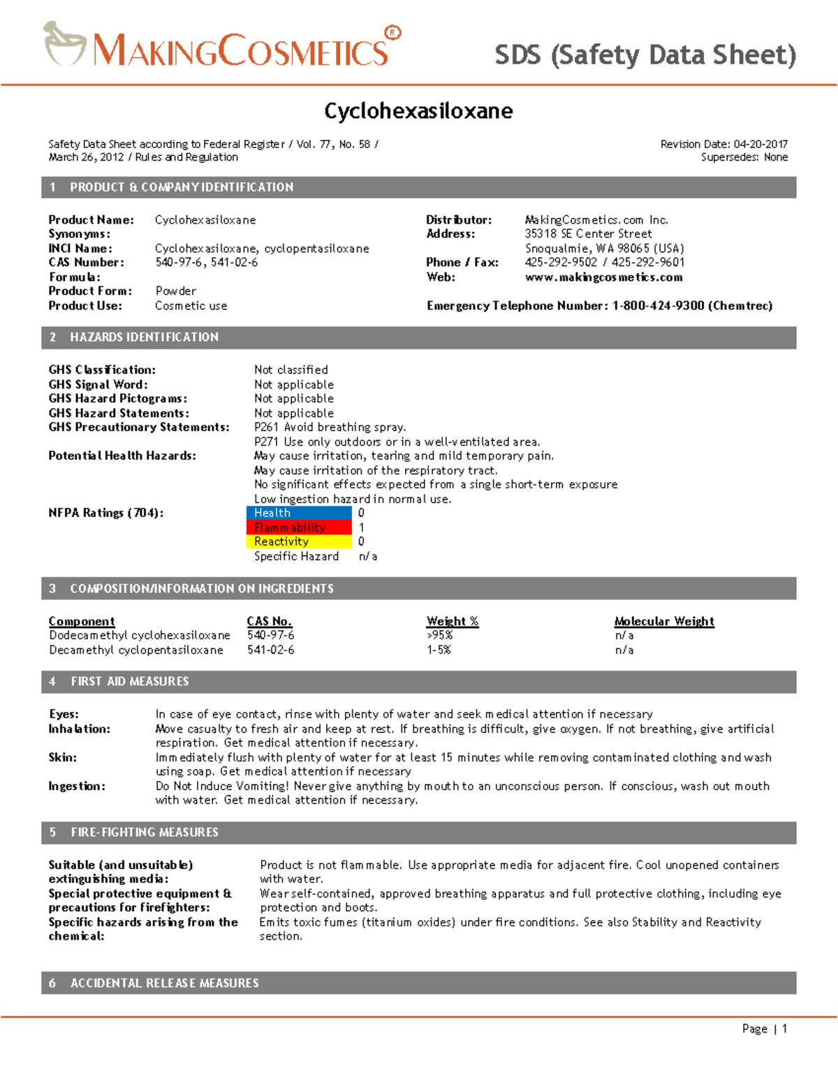 Sds-cyclohexasiloxane - makingcosmetics SDS (Safety Data Sheet) Cyclohexasiloxane Safety Data ...