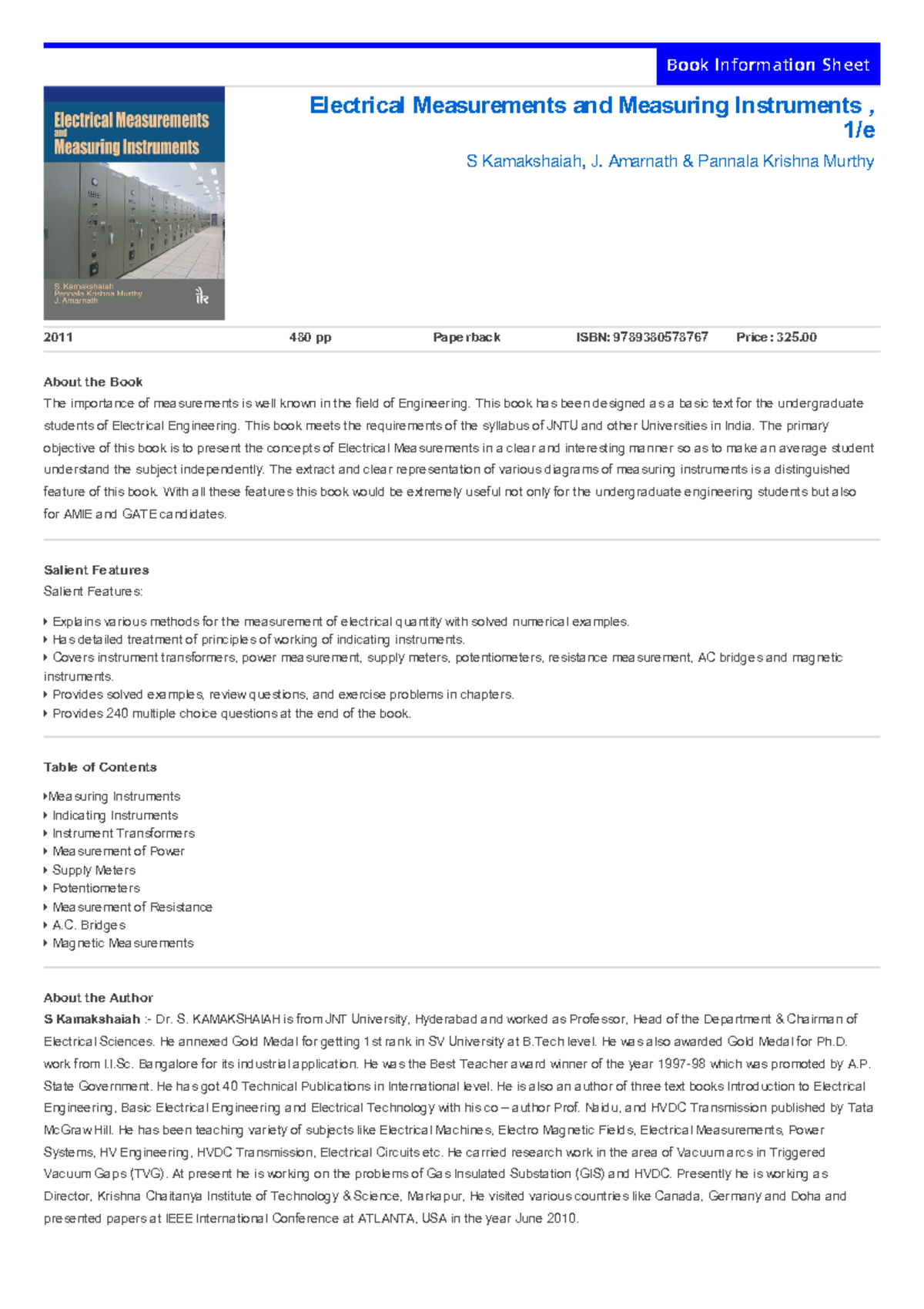 Electrical Measurements and Measuring In - Book Information SheetBook ...