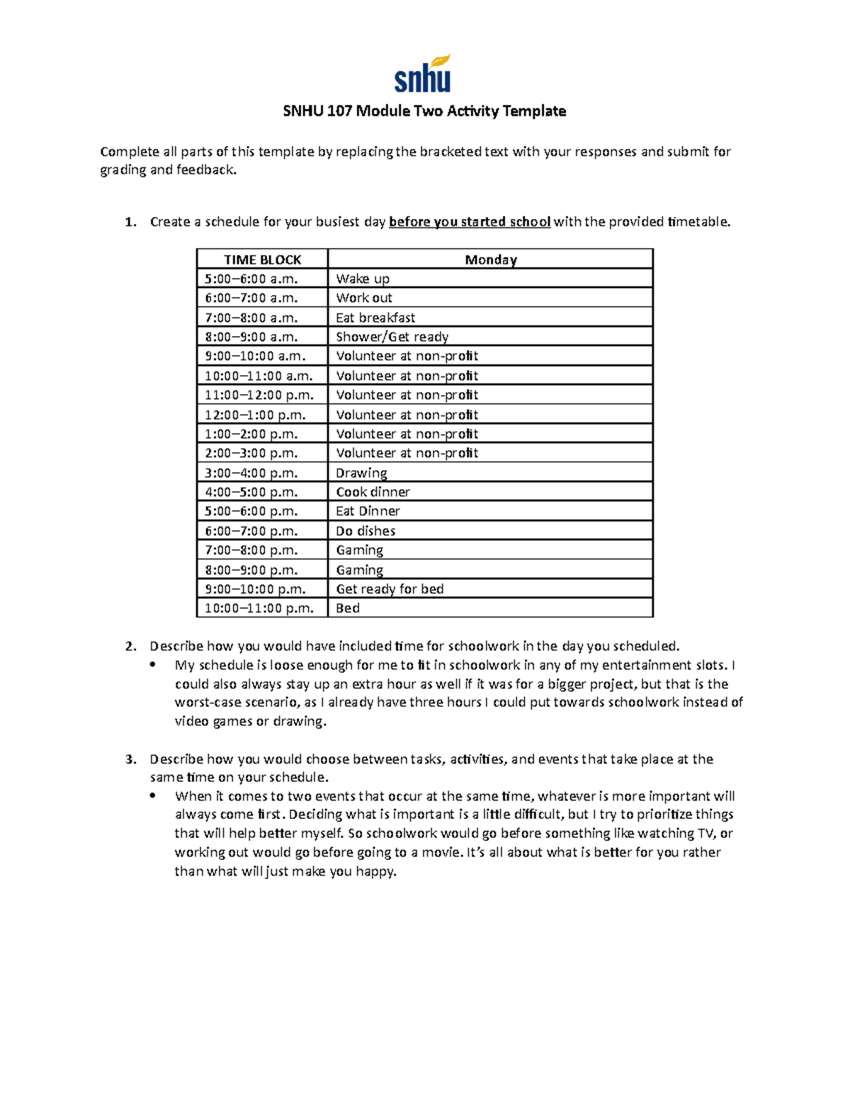 SNHU 107 Module Two Activity - Create a schedule for your busiest day ...