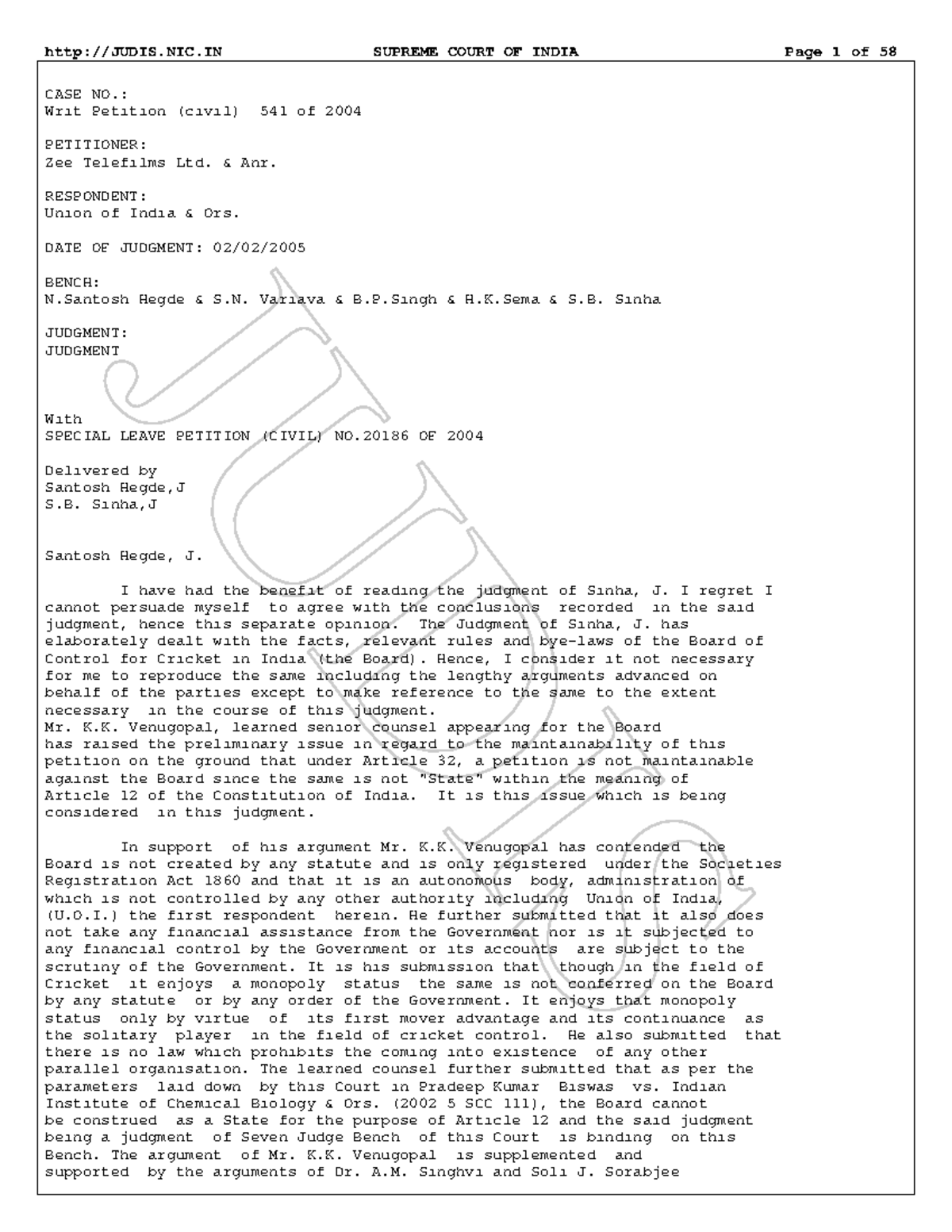 30241 - bcci v union - CASE NO.: Writ Petition (civil) 541 of 2004 ...